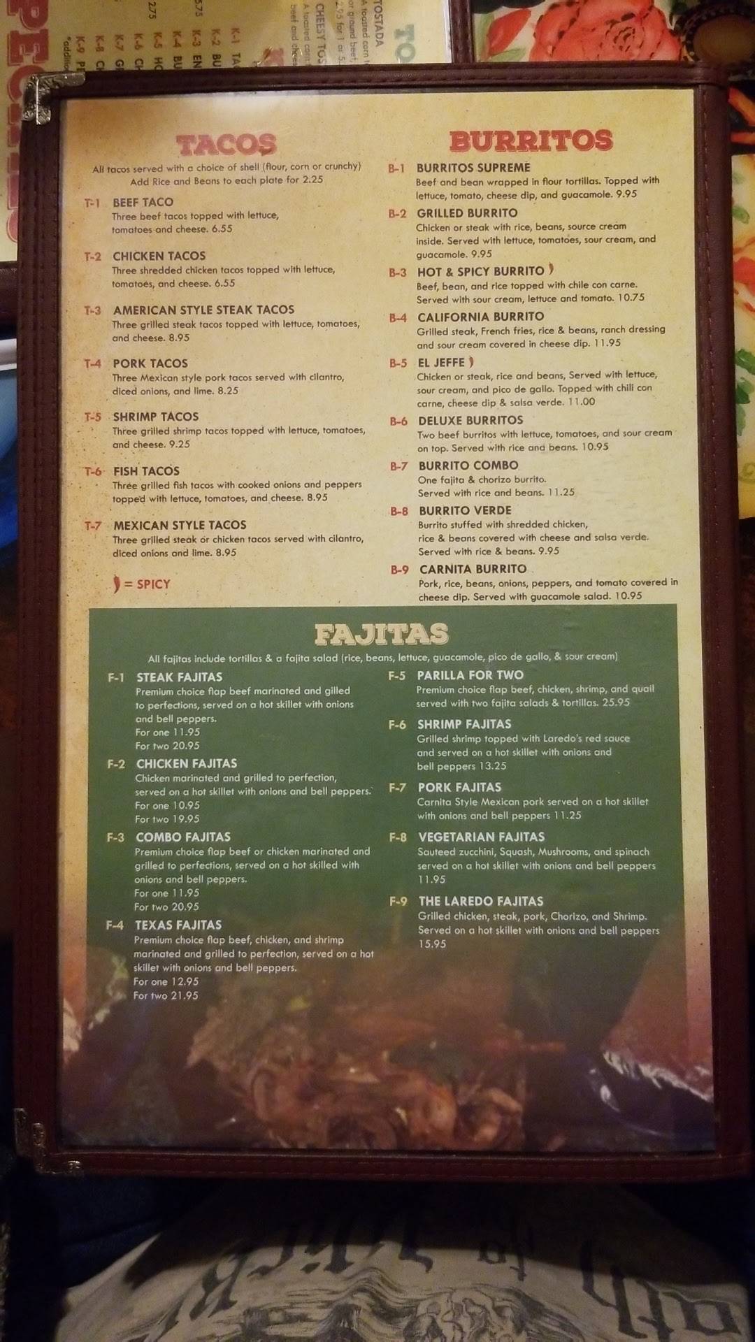 Menu at Laredo Mexican Restaurant, Starke