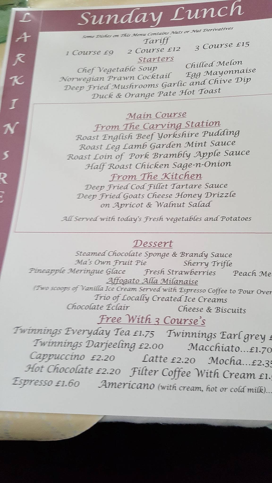 Menu at Larkins' Restaurant, St Helens