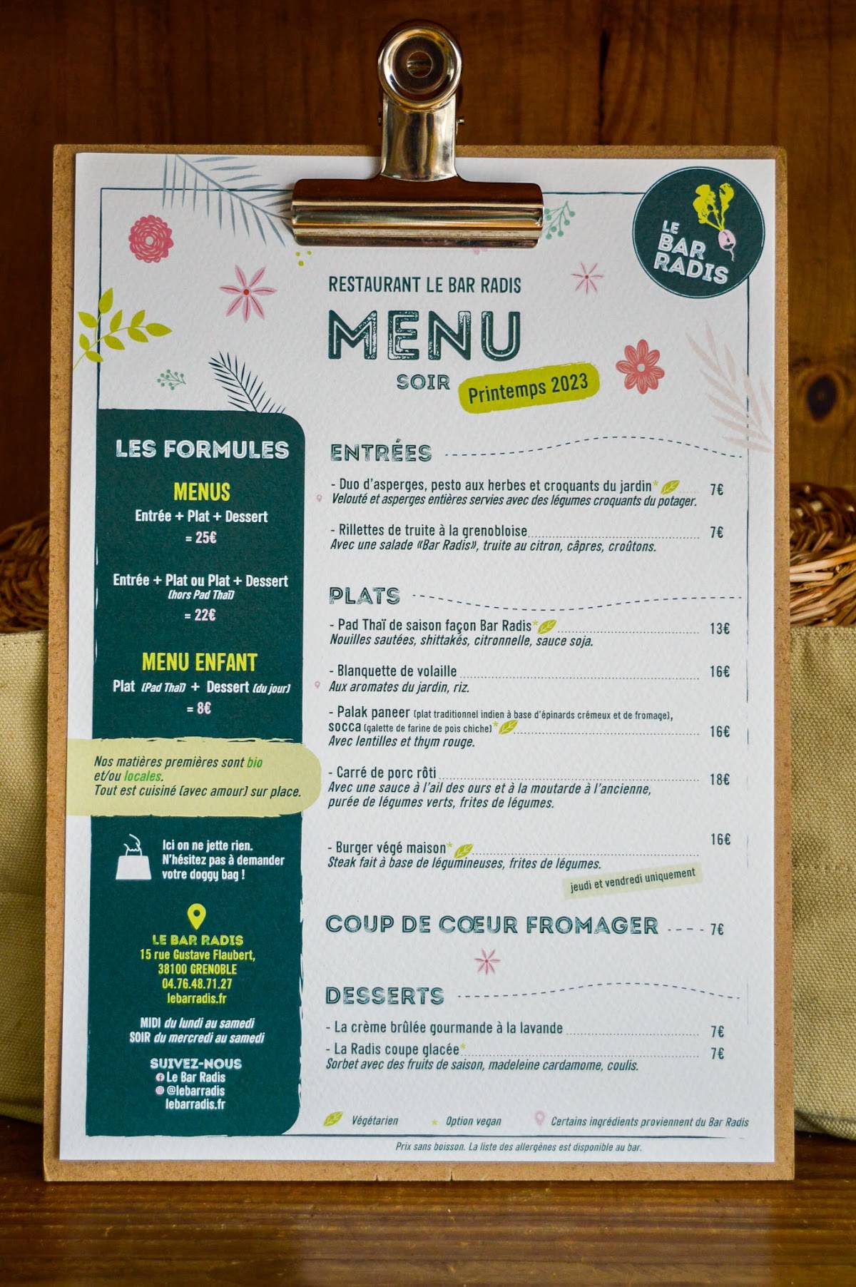 Menu au Le Bar Radis, Grenoble