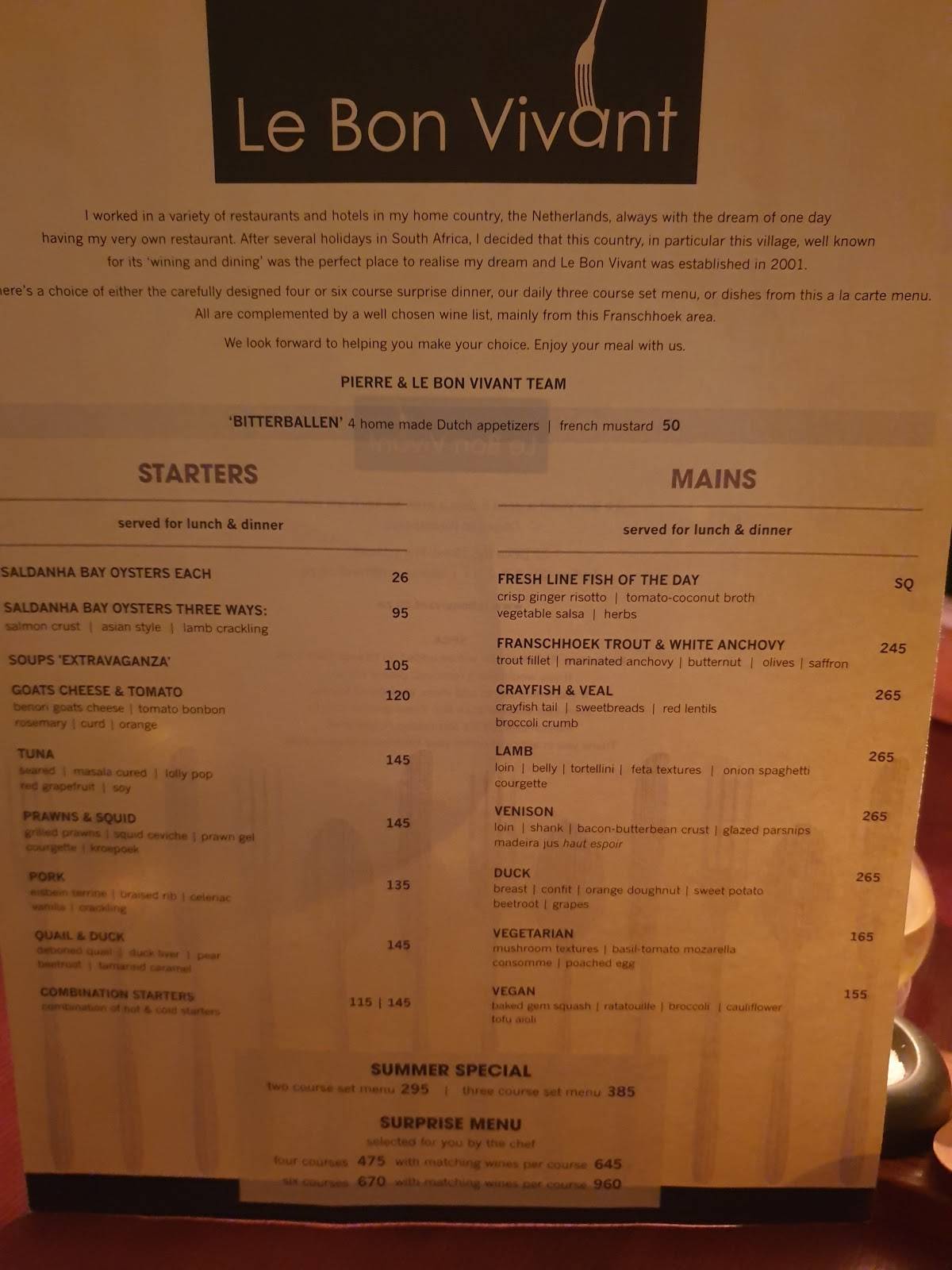 Menu at Le Bon Vivant restaurant, Franschhoek