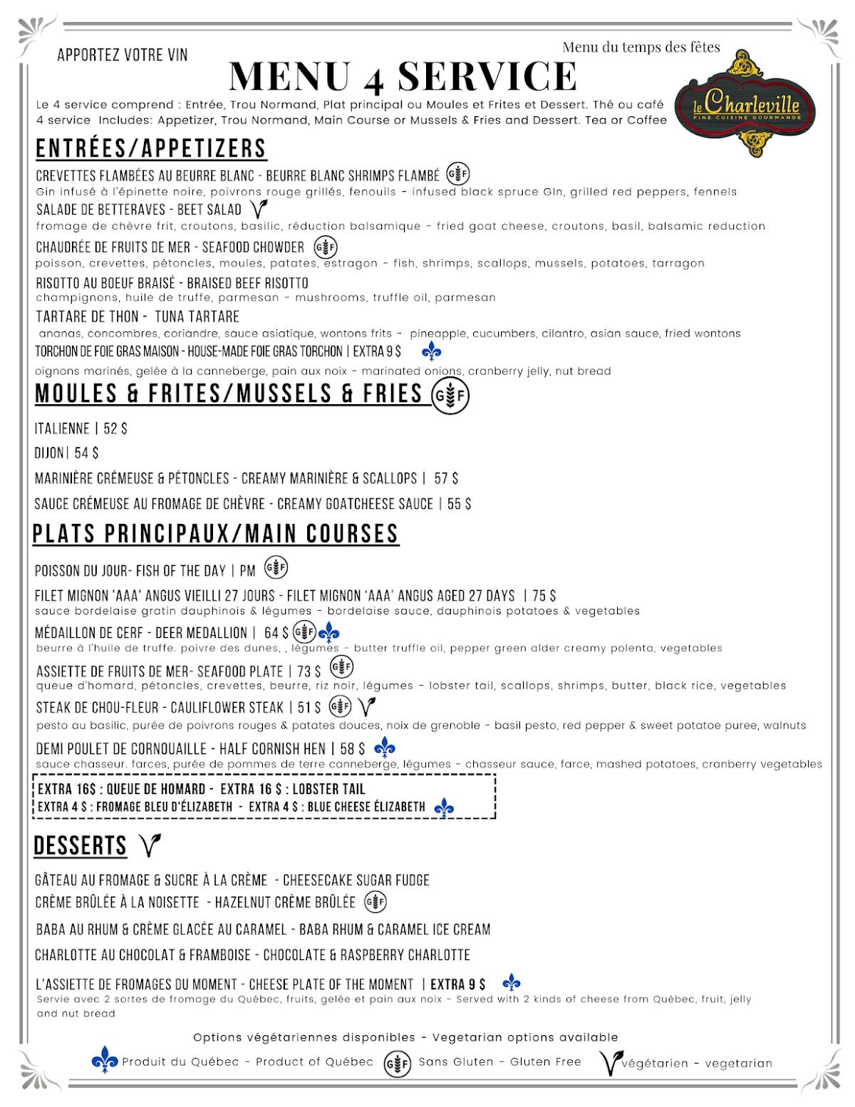 Menu au Le Charleville restaurant, Vaudreuil-Dorion
