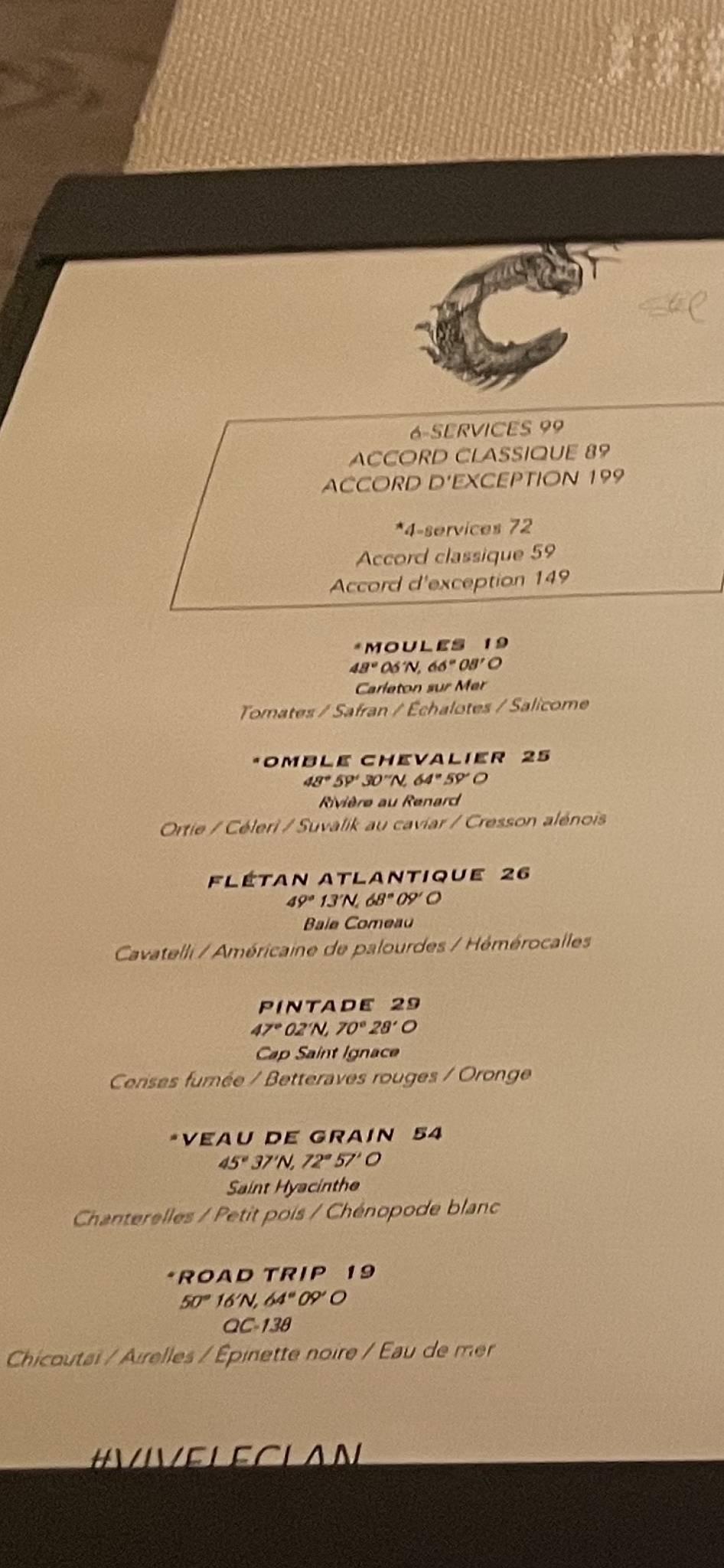 Menu au Restaurant Le Clan, Québec
