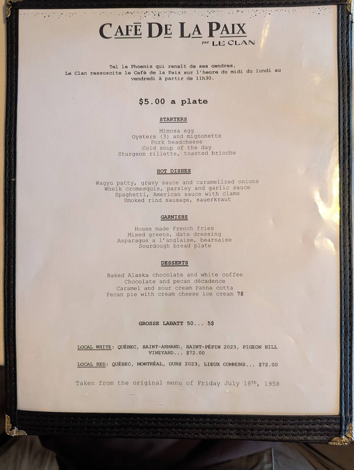 Menu at Restaurant Le Clan, Québec City