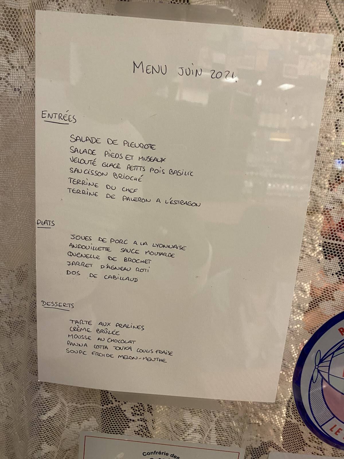 Menu at Restaurant Le Musée, Lyon