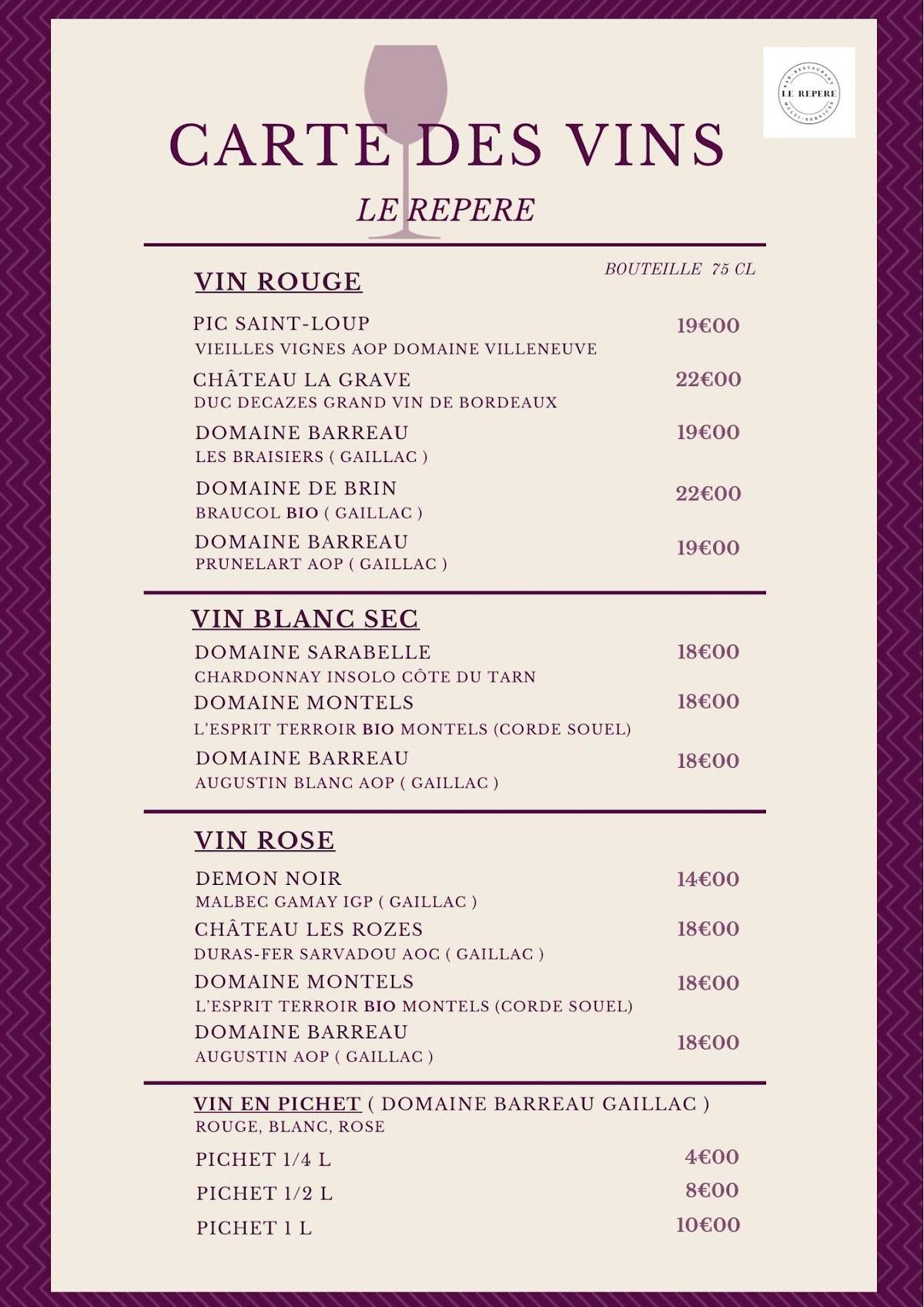 Menu au Le Repère restaurant, Milhars