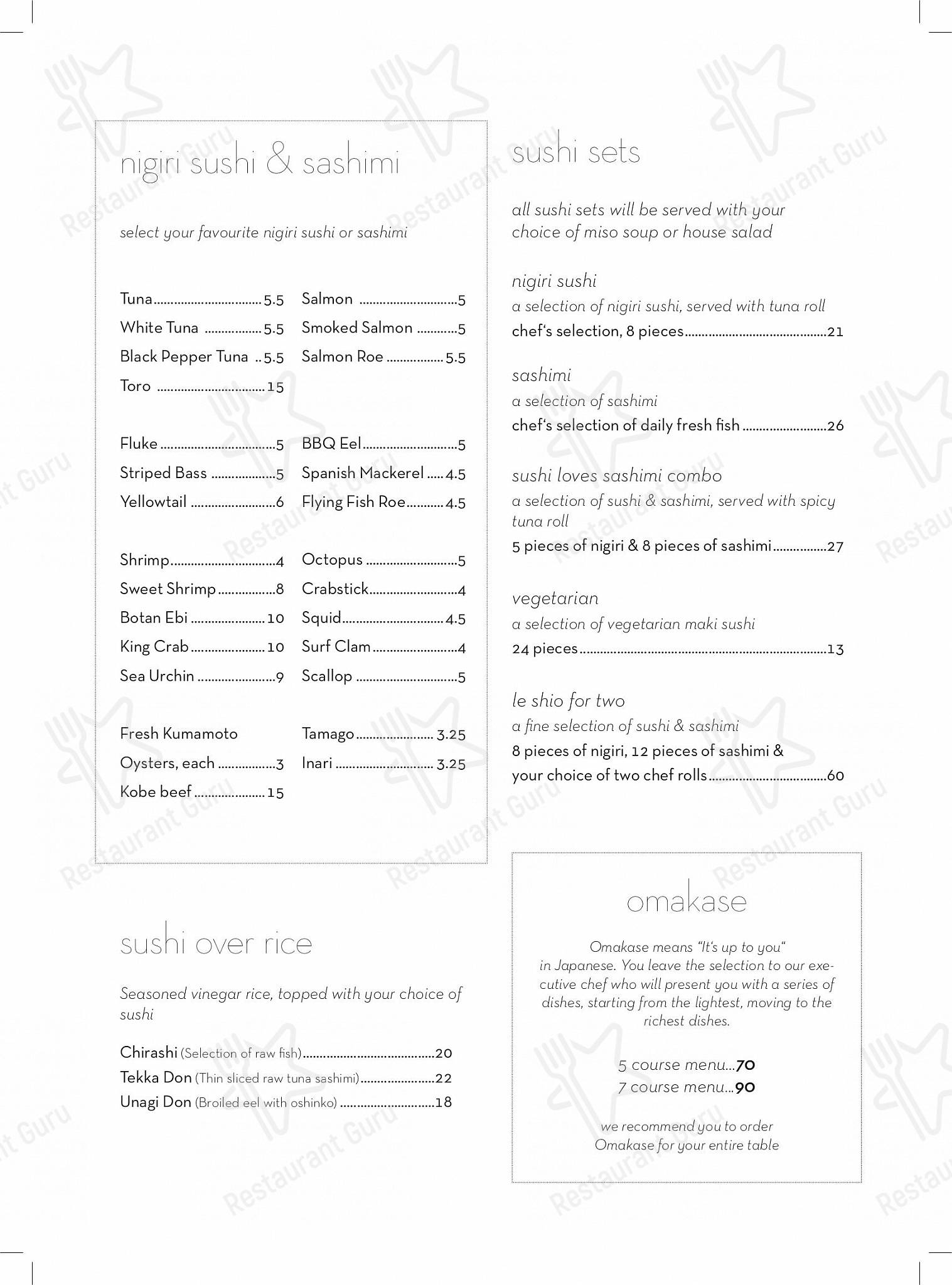 Menu at Le Shio restaurant, Wilmington
