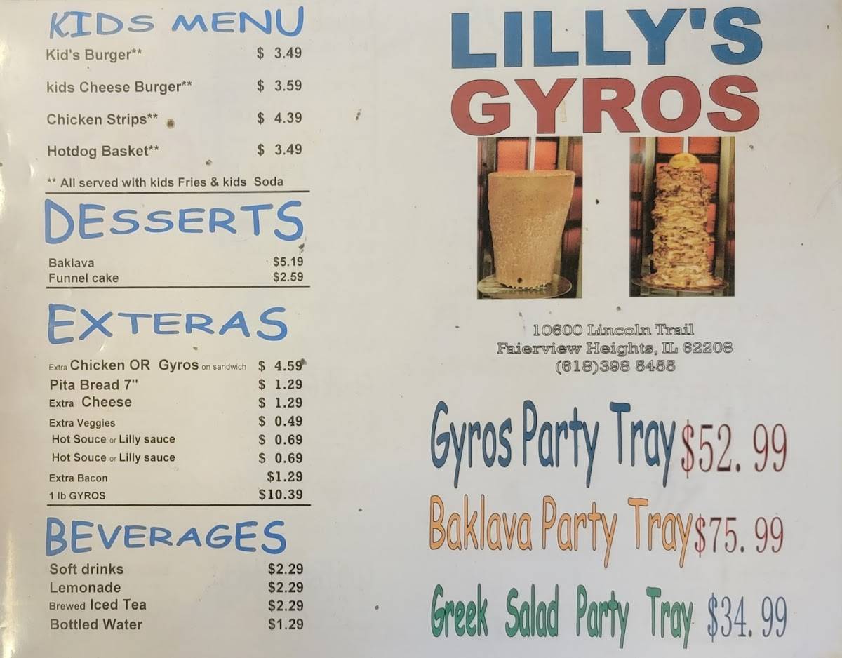 Menu at Lilly's Gyros restaurant, Fairview Heights