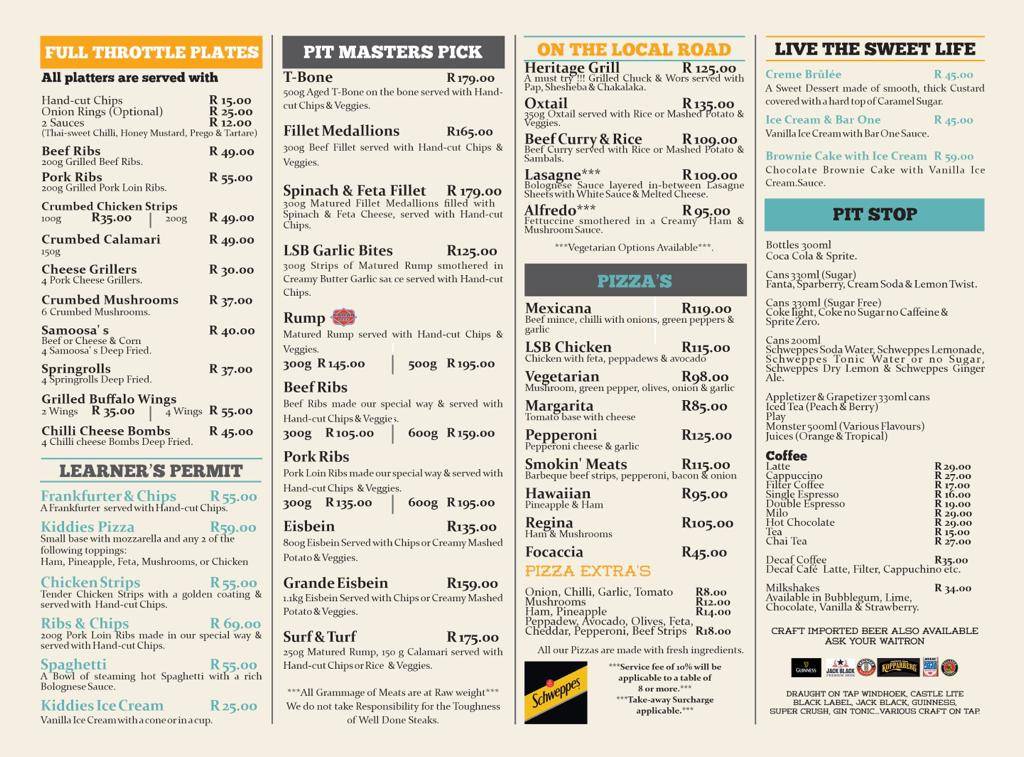 Menu at Lock Stock & Barrel, Vereeniging