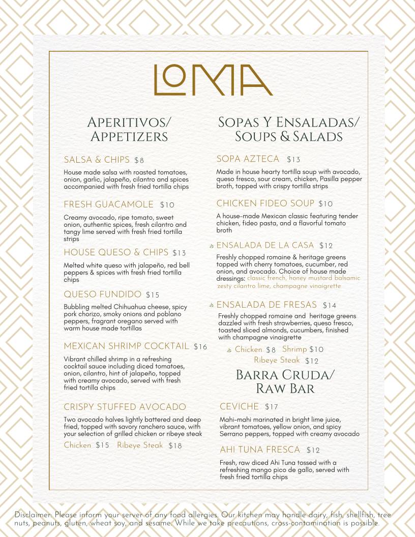 Menu at Loma restaurant, Rogers