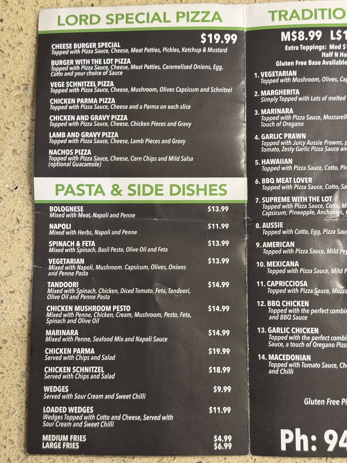 Menu at Lord of Dough restaurant, Lalor