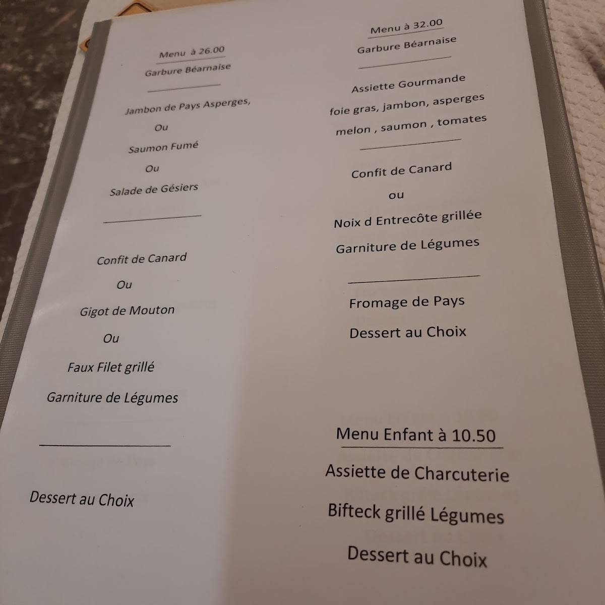 Menu au L'Orée du Bois restaurant, Louvie-Juzon, Pé-de Hourat