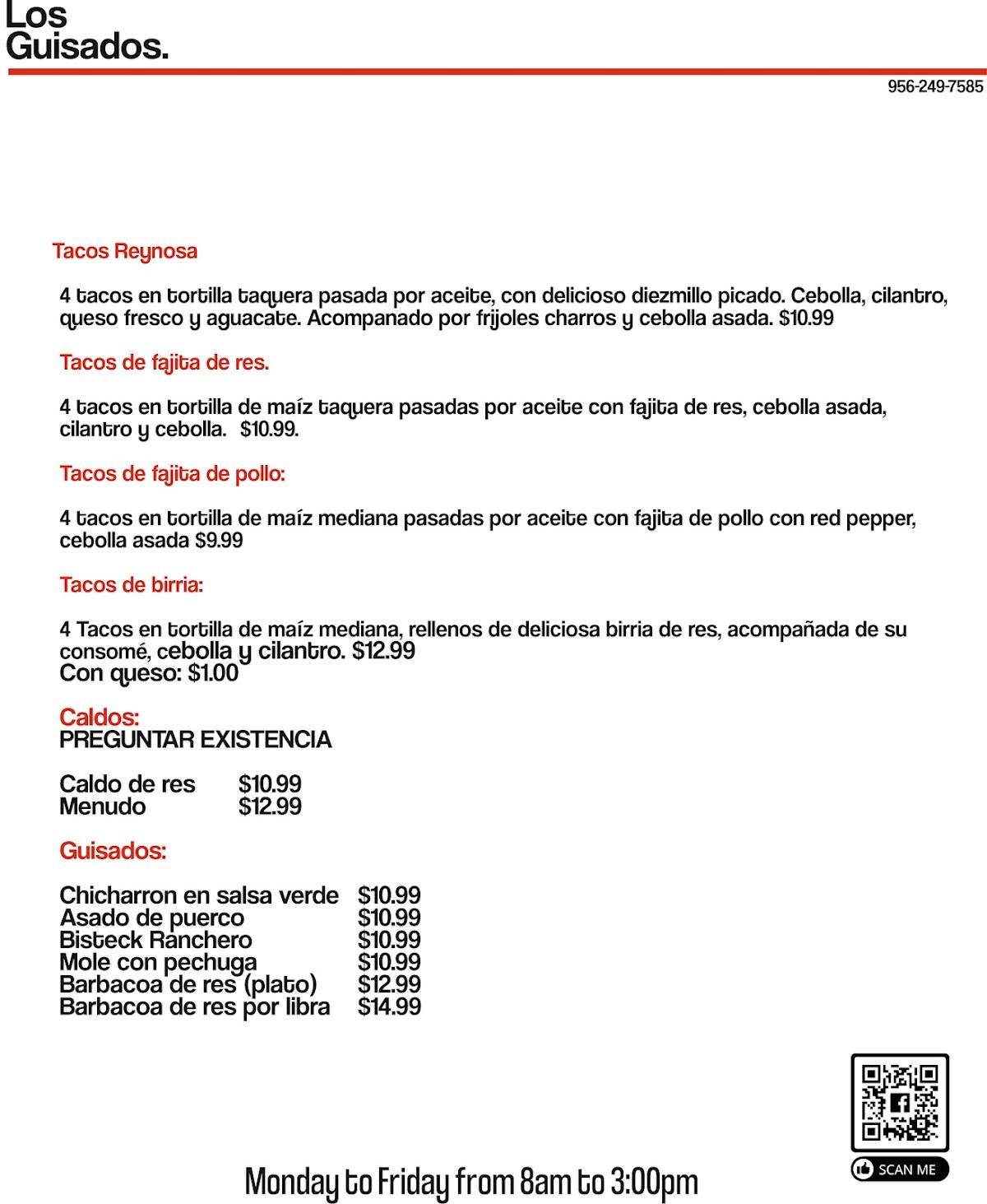 Menu at Los Guisados restaurant, Pharr