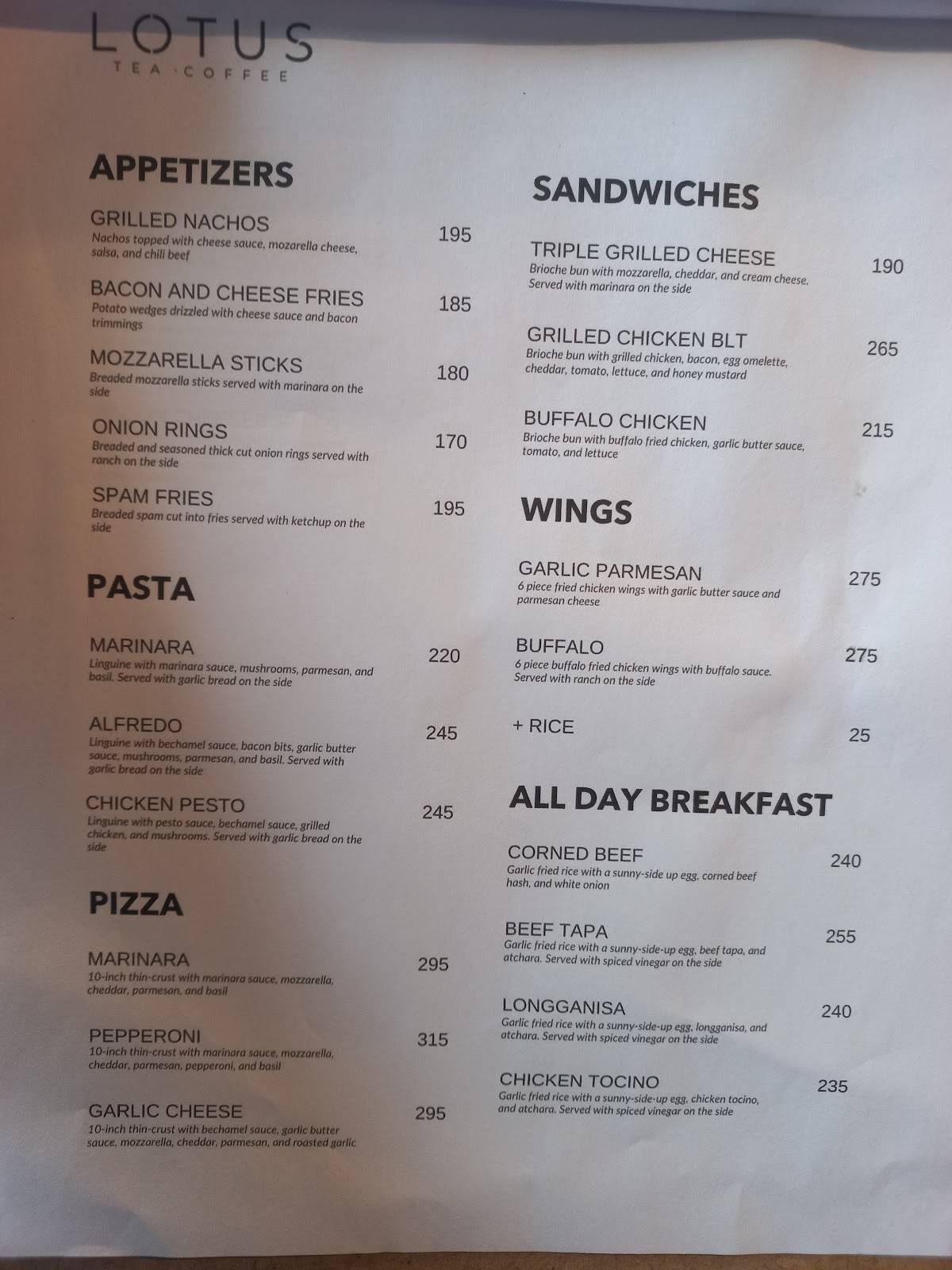 Carta de Lotus Cafe, Ciudad Quezon