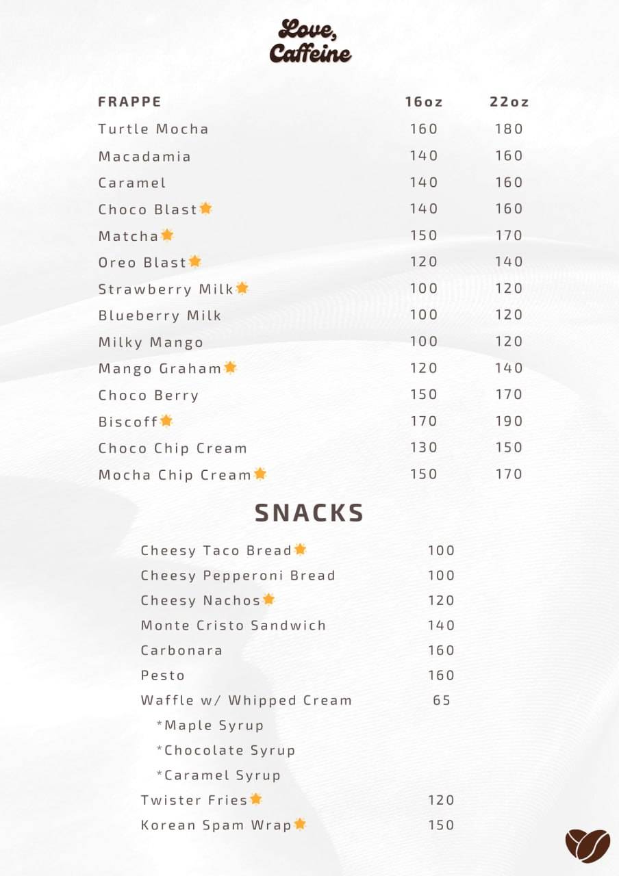 Menu at Love, Caffeine, Muntinlupa