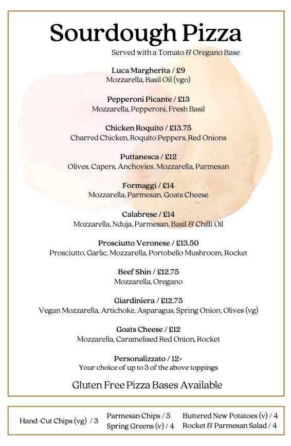 Menu at Luca restaurant, Sheffield