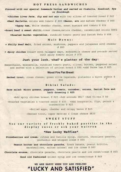 Menu at Lucky Bread Company- Brooklyn Mall cafe, Pretoria
