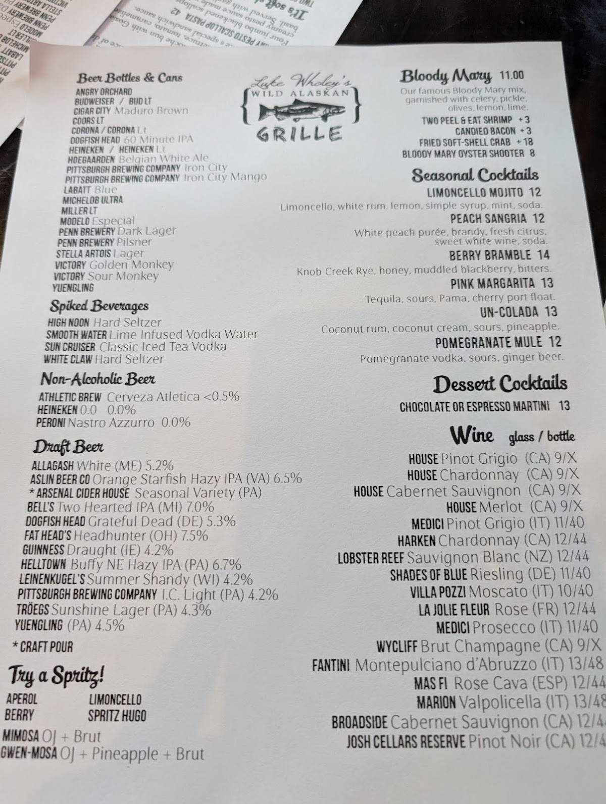 Menu at Luke Wholey's Wild Alaskan Grille restaurant, Pittsburgh