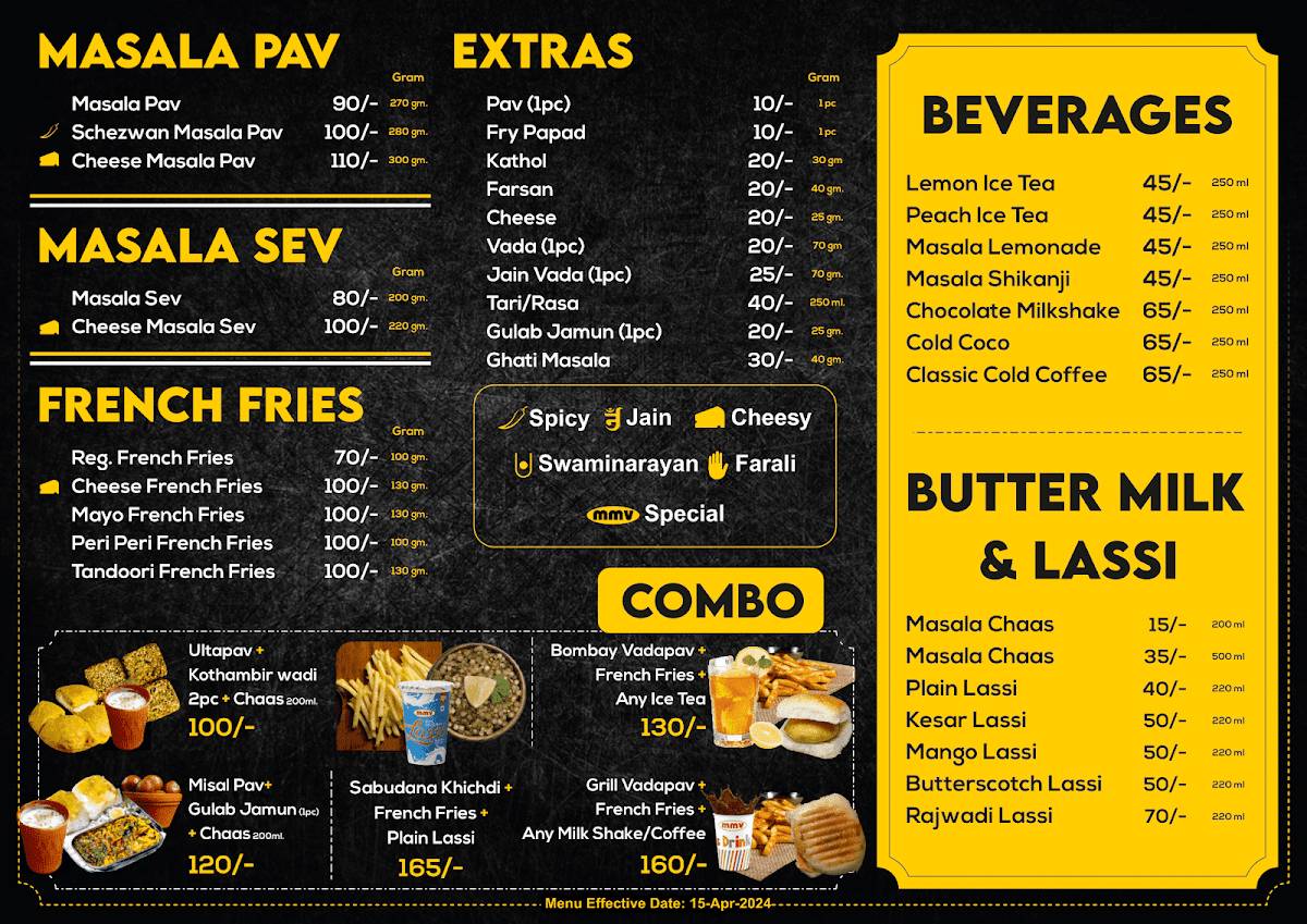 Menu at MMV Mumbaiya Misal and Vadapav Kudasan, Gandhinagar