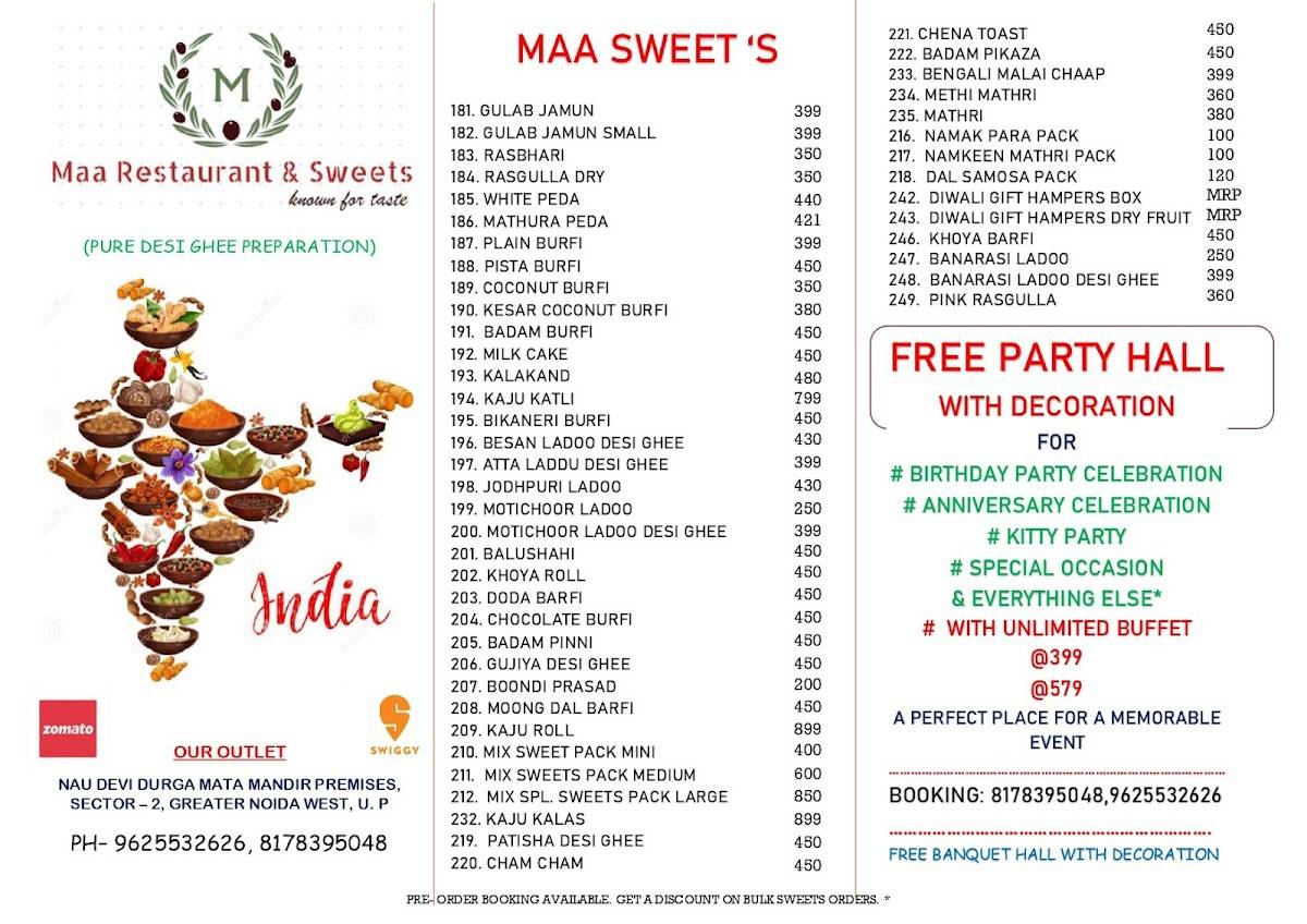 Menu at Maa Restaurant & Sweets (Pure Vegetarian) - Biggest Family ...