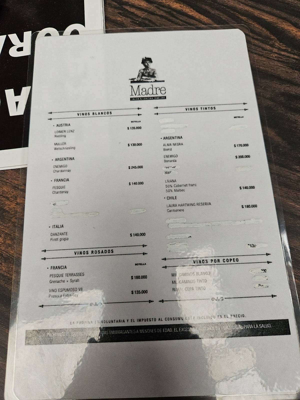 Carta de Restaurante Madre, Bogotá