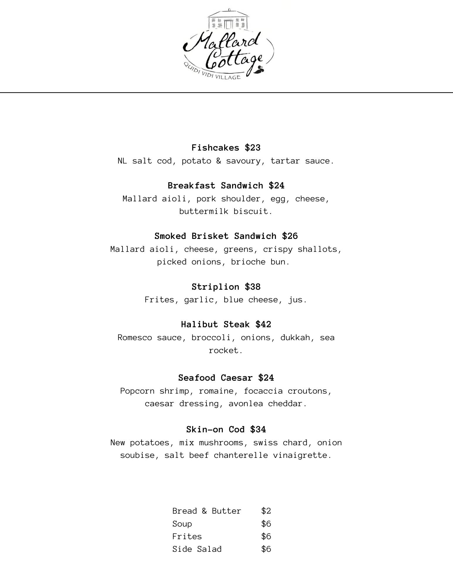 Menu at Mallard Cottage restaurant, St. John's