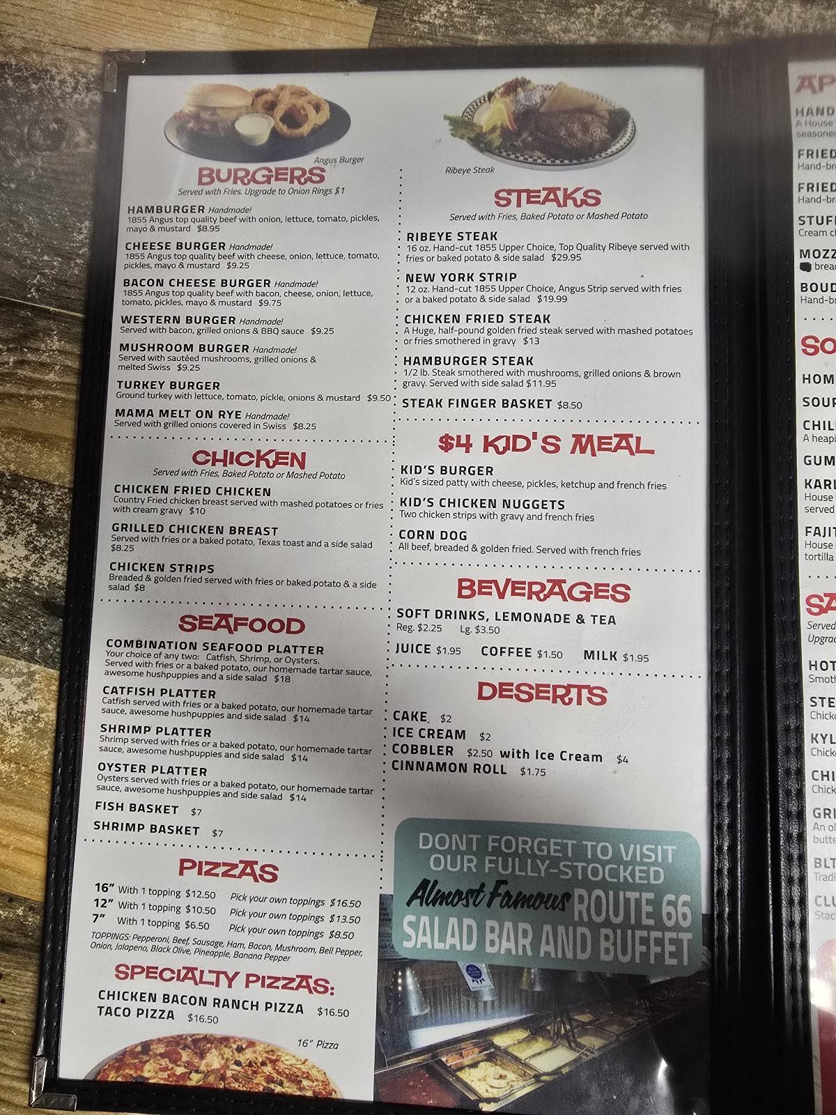 Menu at Mama Jack's restaurant, Kountze
