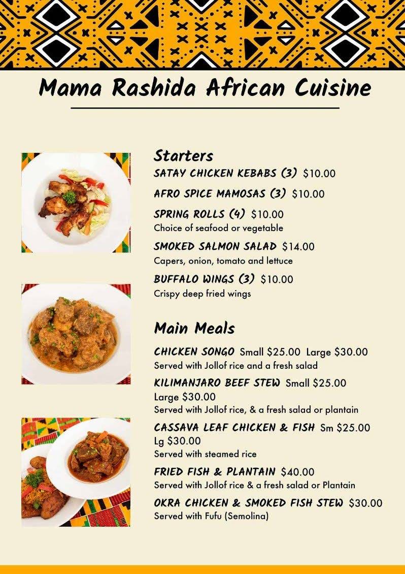 Menu at Mama Rashida's African Cuisine restaurant, Smithfield Plains