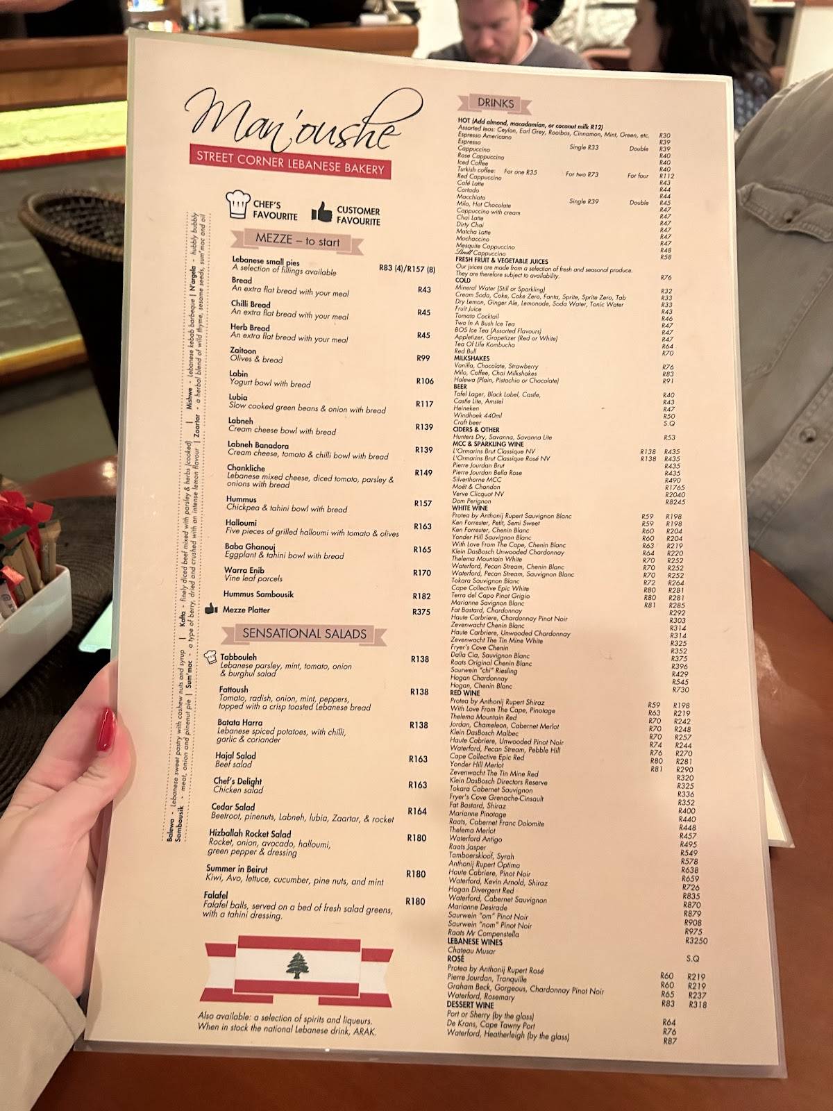 Menu at Man'oushe restaurant, Stellenbosch