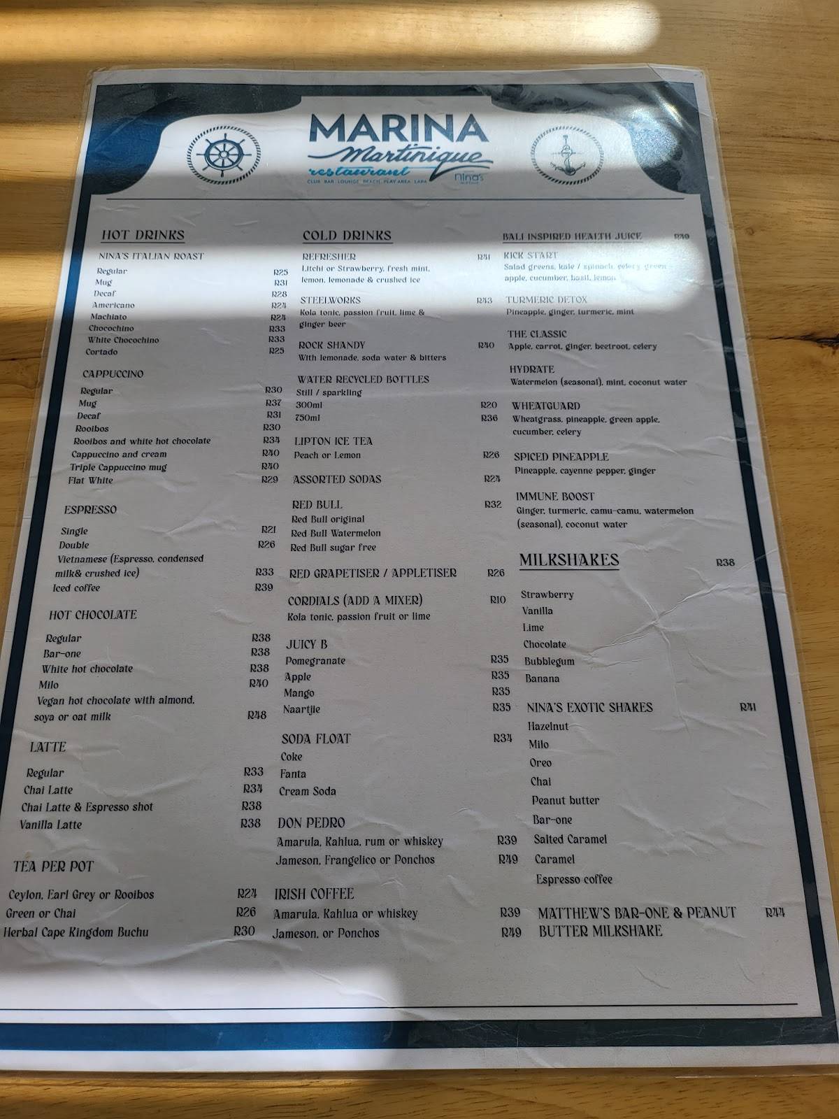 Menu at Marina Nina's restaurant, Jeffreys Bay