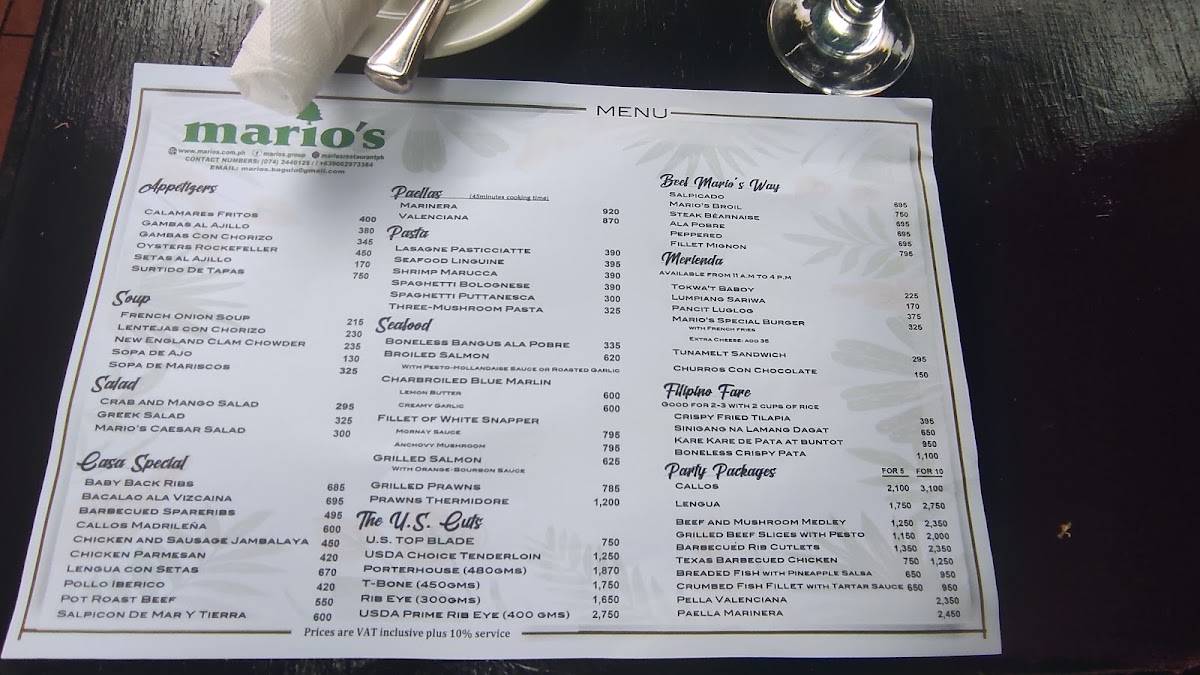 Menu at Mario's 8 Loakan Road, Baguio City steakhouse, Baguio