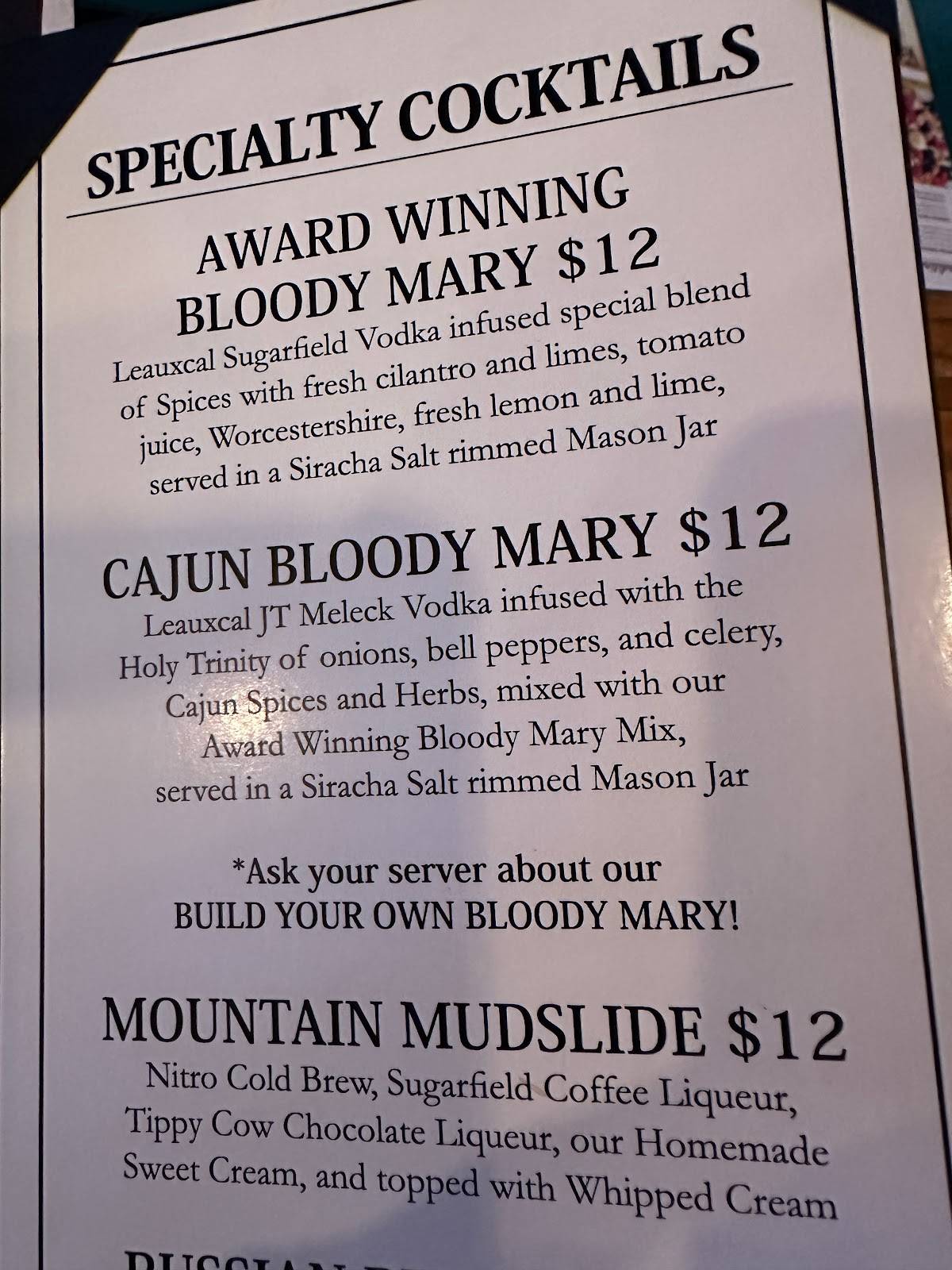 Menu at Mason's Grill restaurant, Baton Rouge