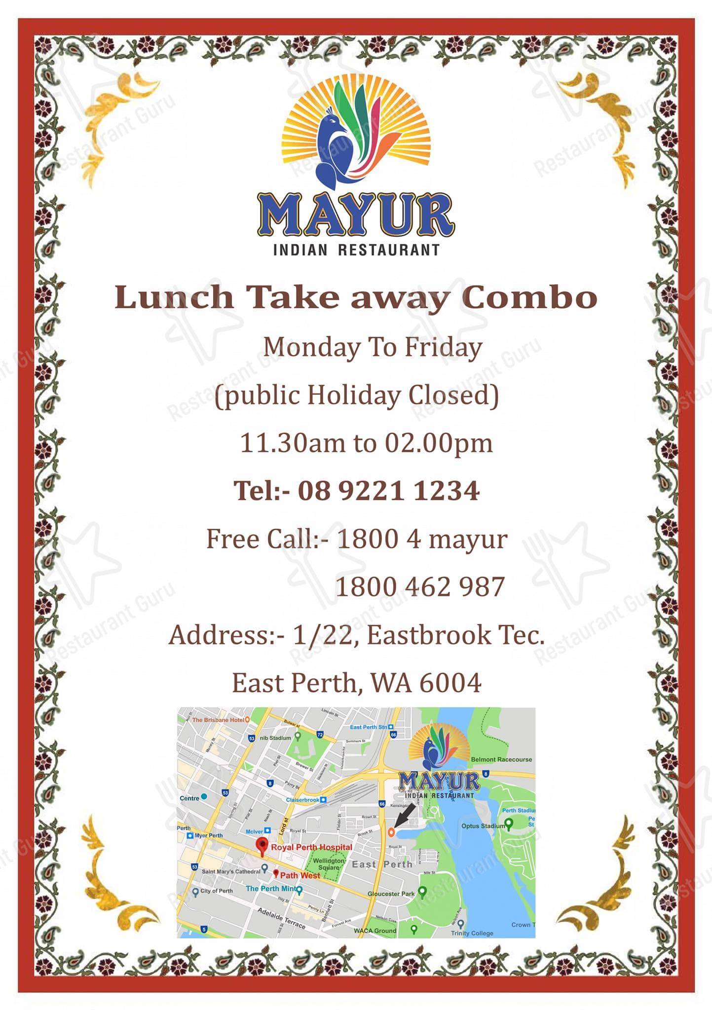 Menu at Mayur Indian Restaurant - East Perth, Perth