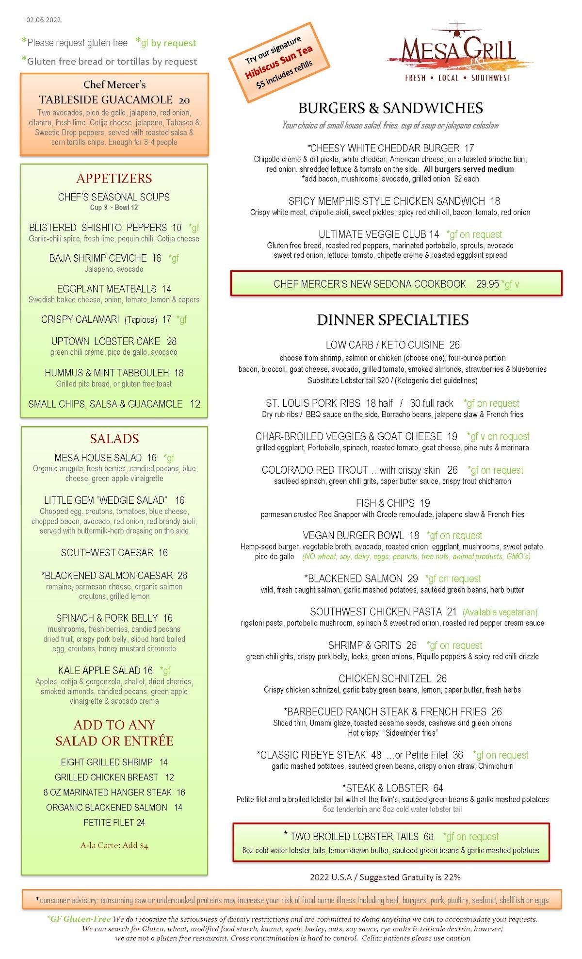 Menu at Mesa Grill Sedona restaurant, Sedona