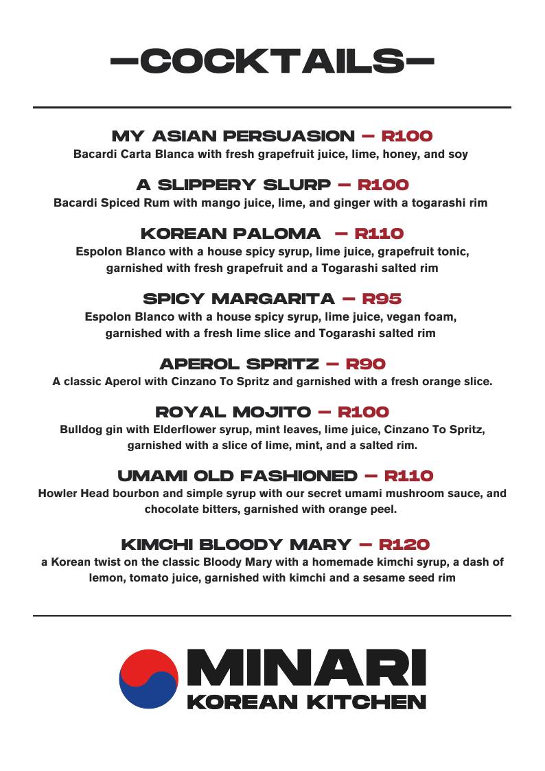 Menu at Minari Korean Kitchen Stellenbosch restaurant, Stellenbosch