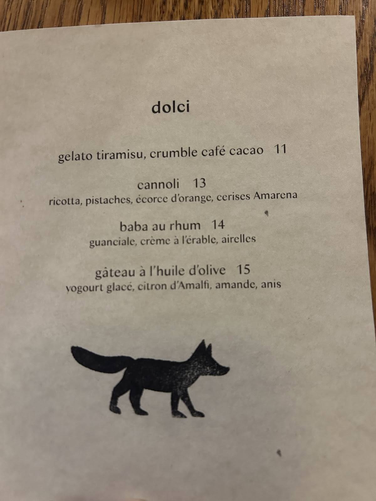 Menu au Restaurant Moccione, Montréal