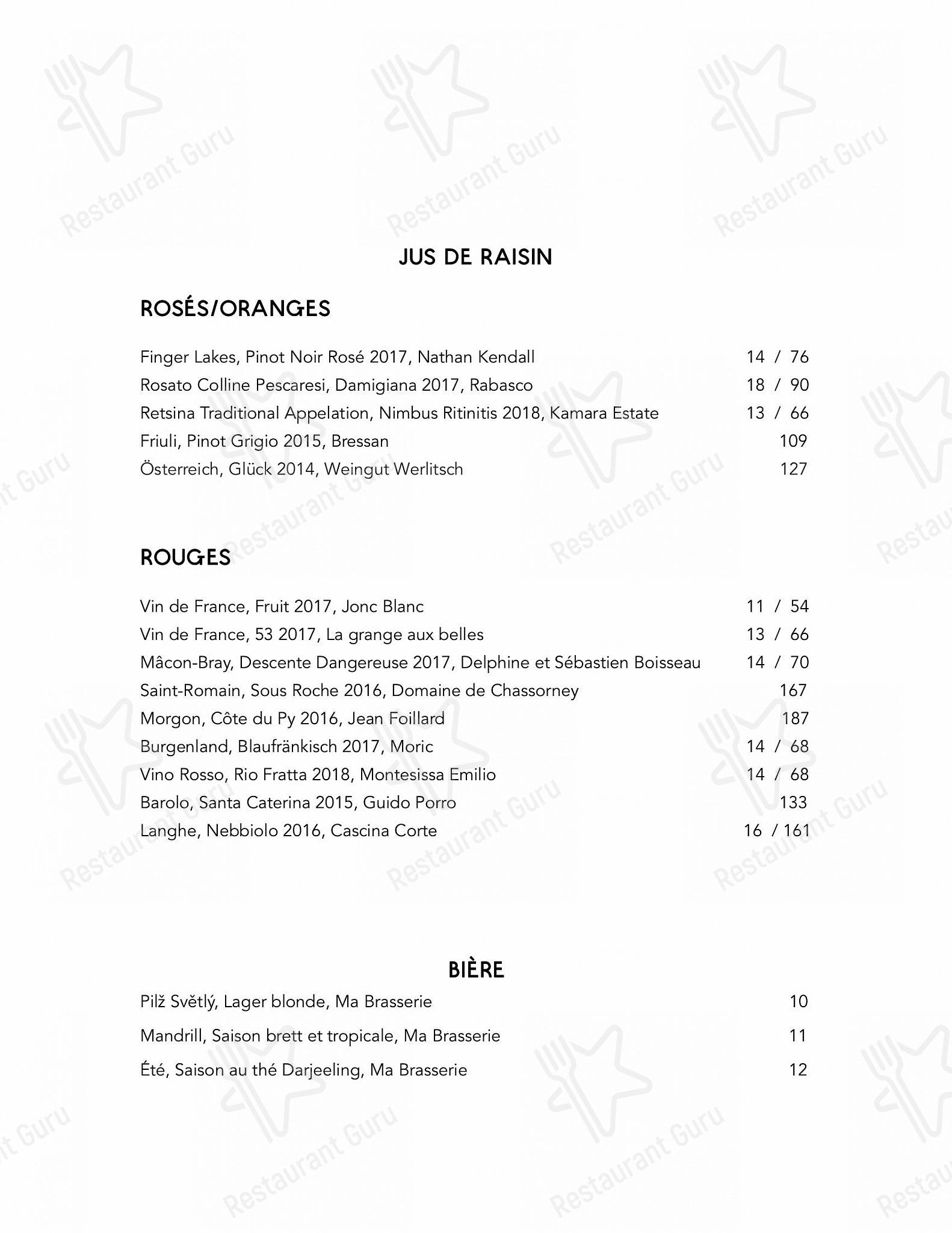 Menu au Restaurant Moccione, Montréal