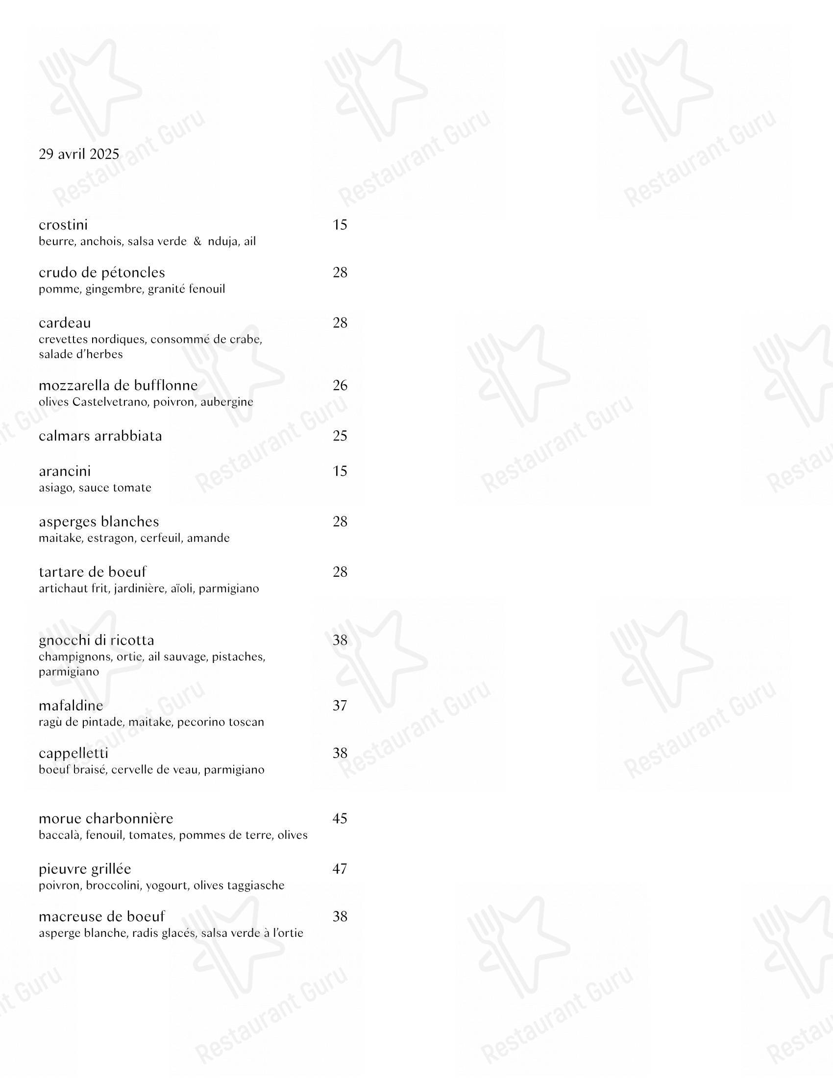Menu au Restaurant Moccione, Montréal
