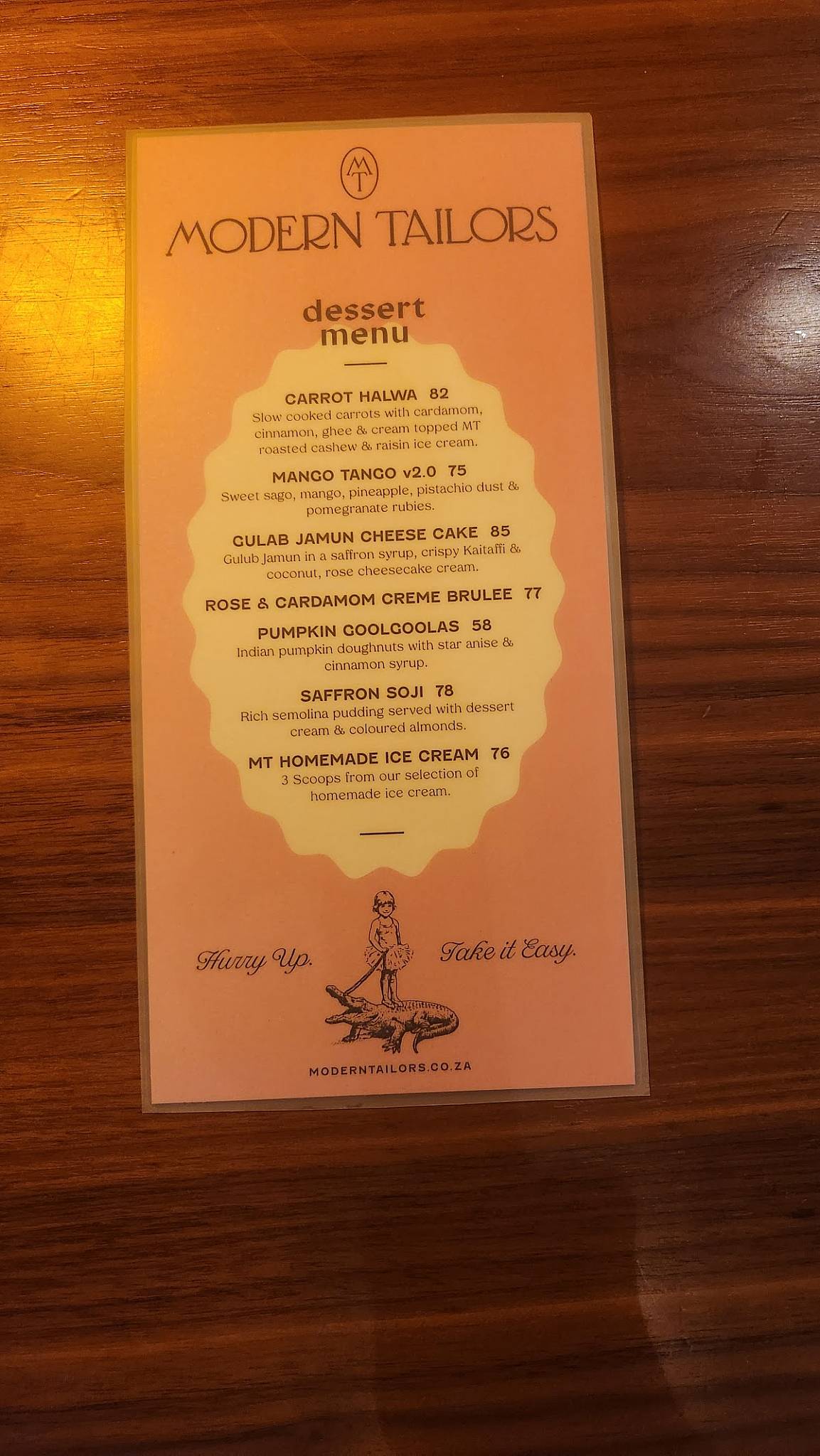 Menu at Modern Tailors restaurant, Johannesburg, 189 Oxford Rd
