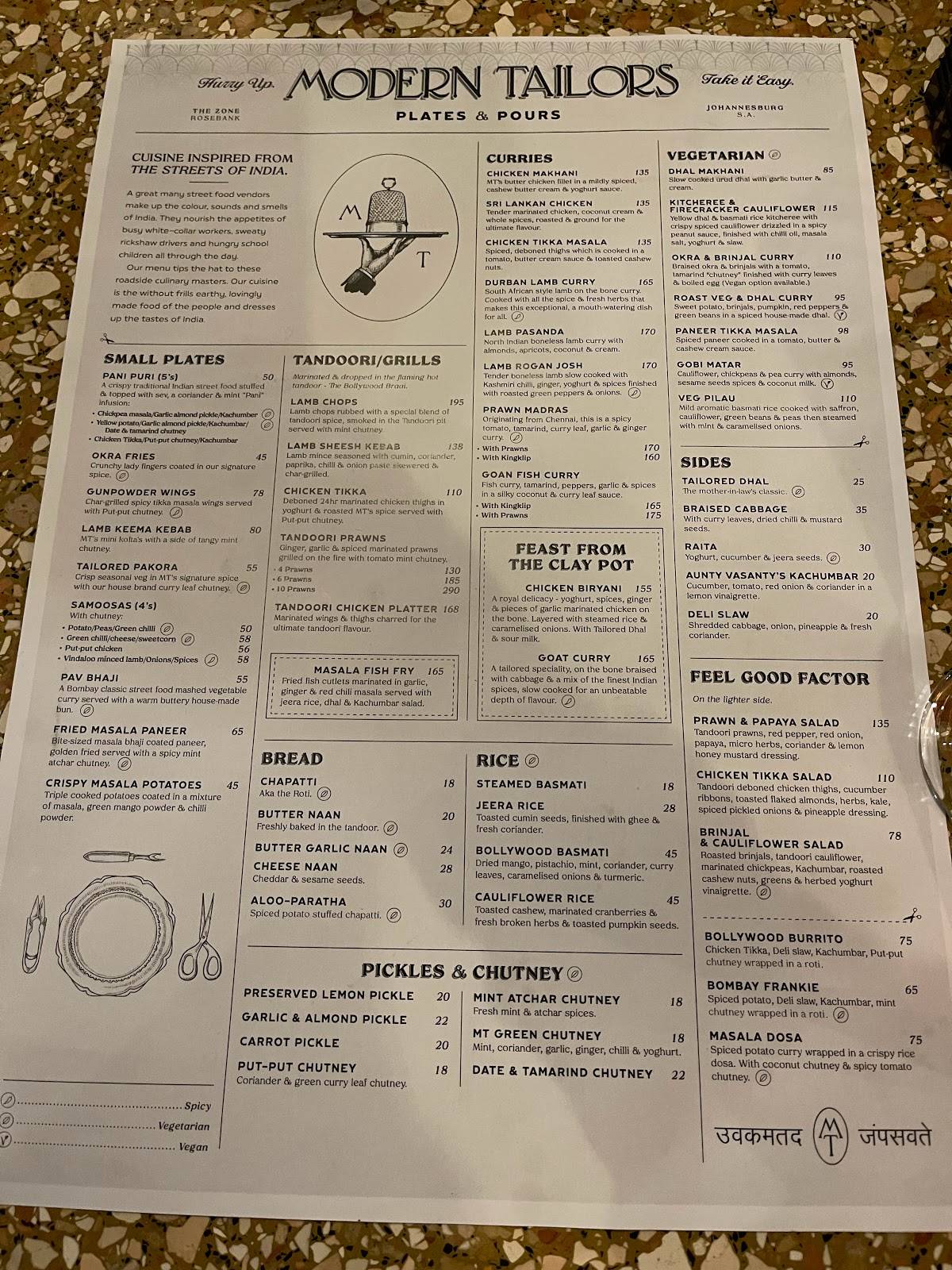 Speisekarte von Modern Tailors restaurant, Johannesburg