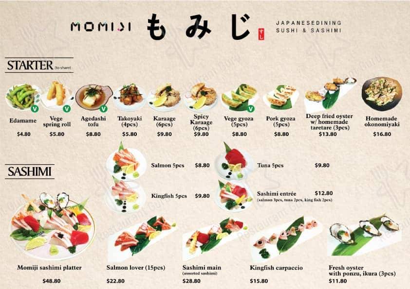 Menu at Momiji restaurant, Brisbane City