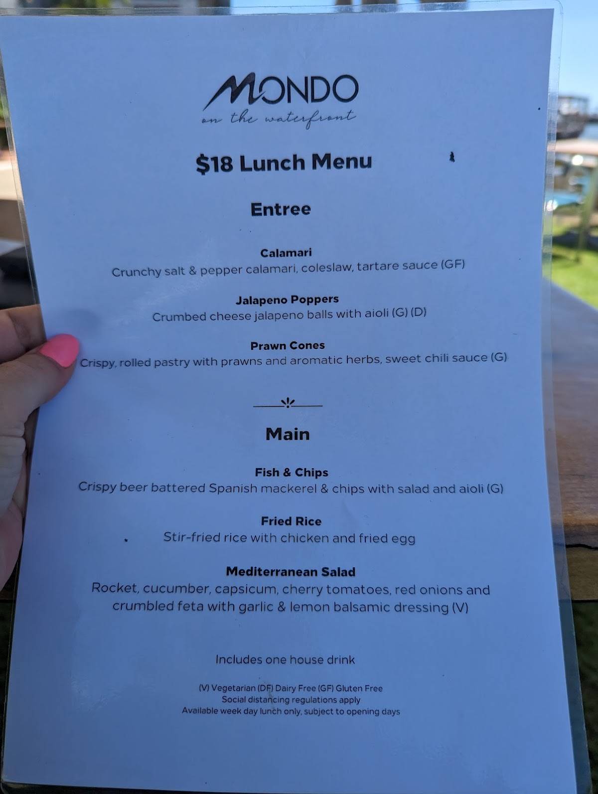 Menu at Mondo on the Waterfront restaurant, Cairns City, 34 Esplanade