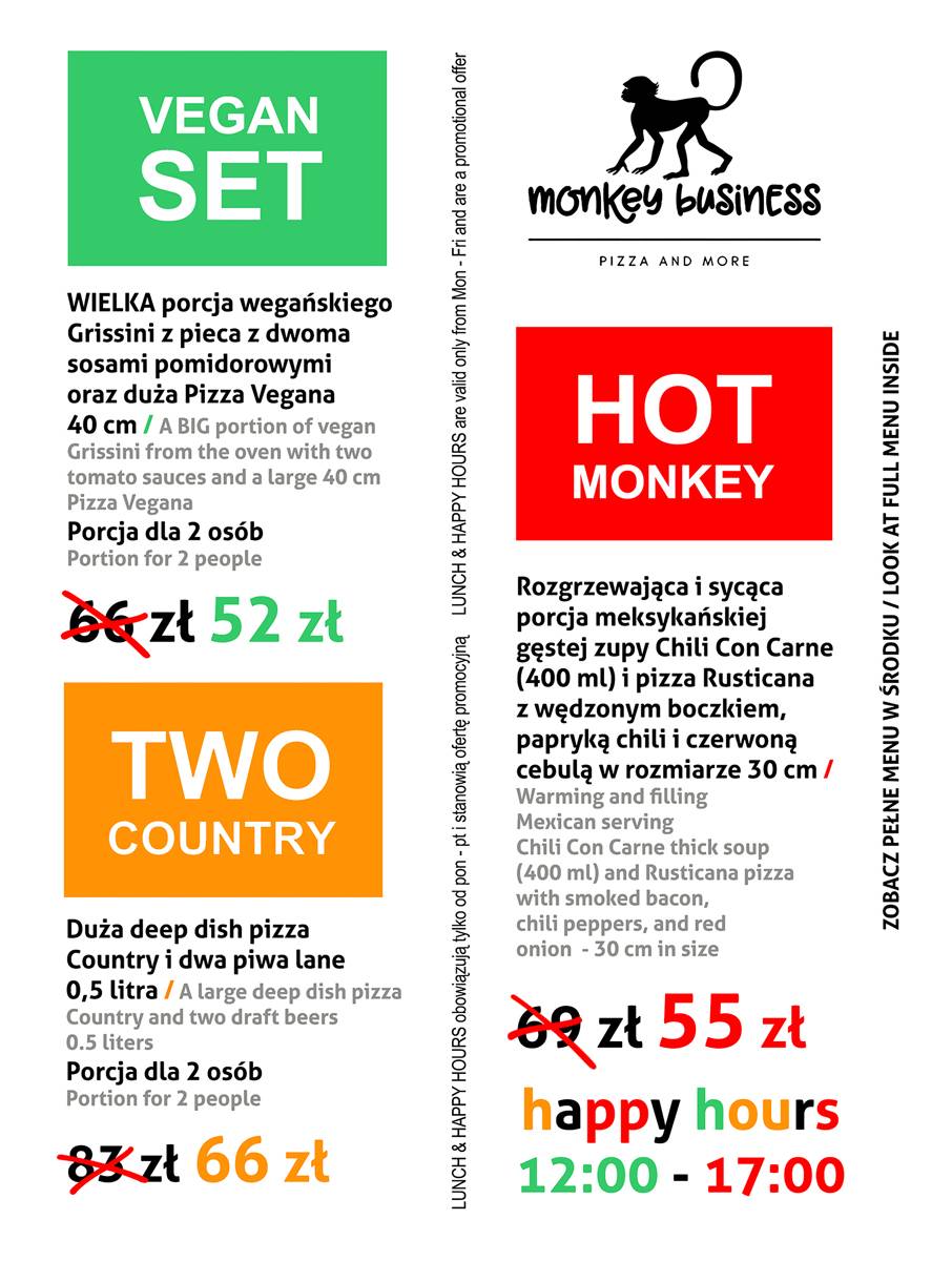Menu at Monkey Business restaurant, Kraków