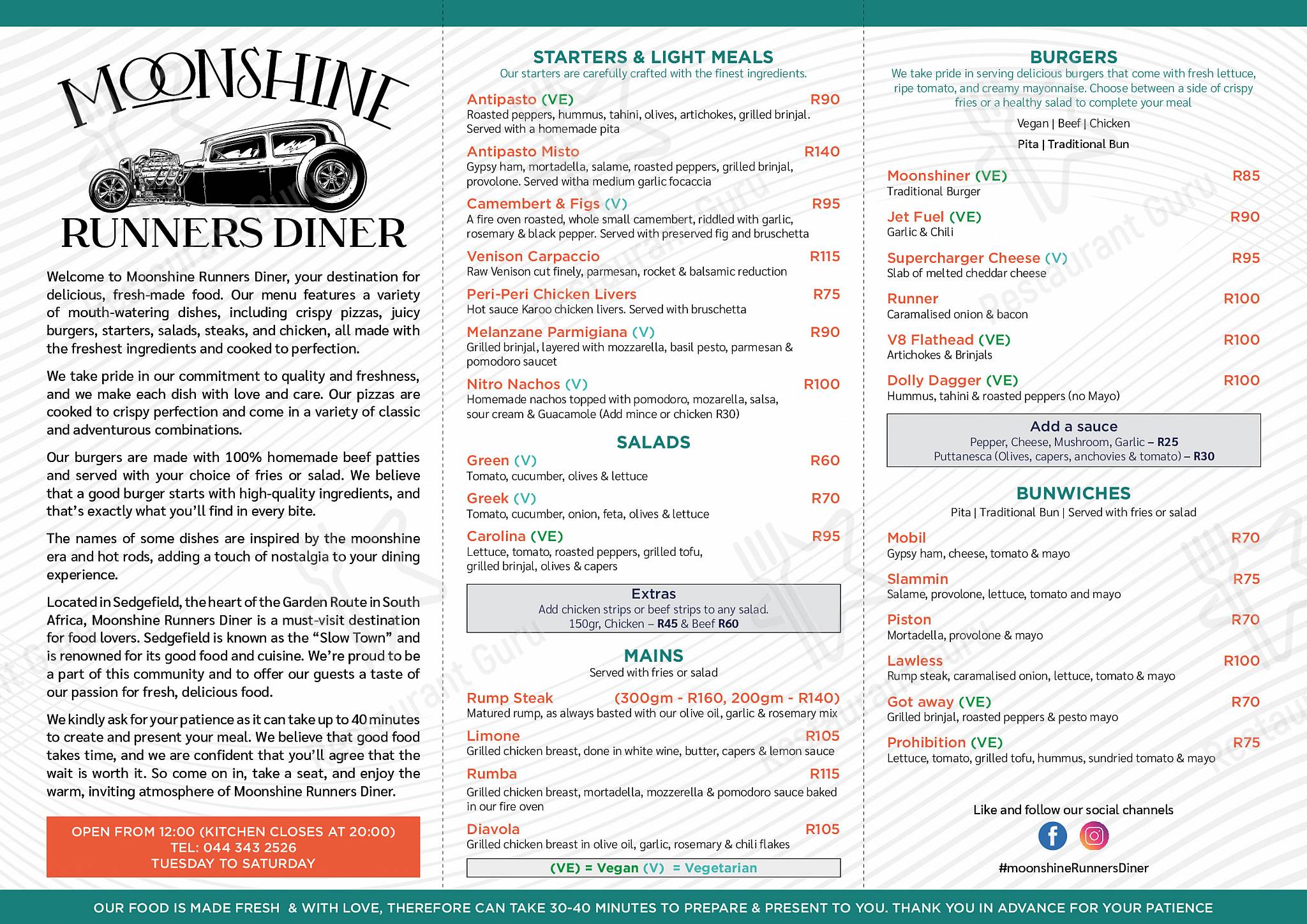 Menu at Moonshine runners Diner restaurant, Sedgefield