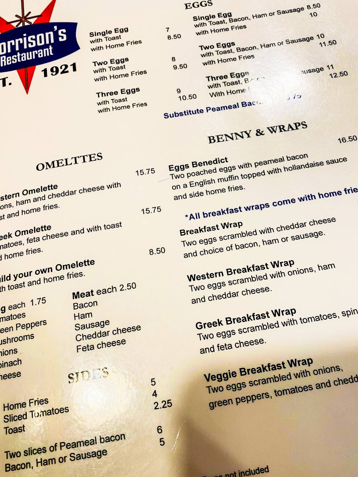 Menu at Morrison's Restaurant, Kingston