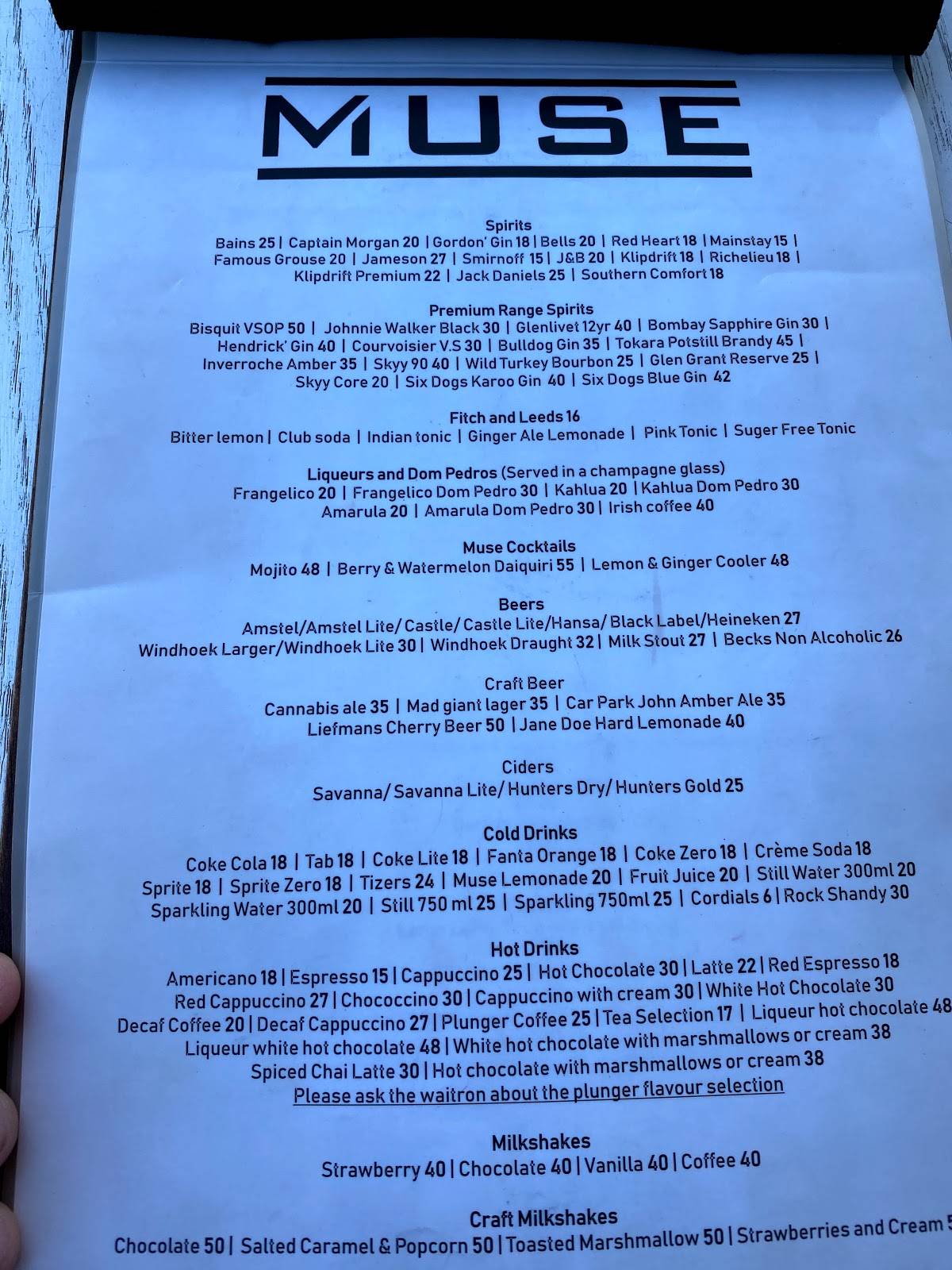 Menu at Muse Restaurant, South Africa