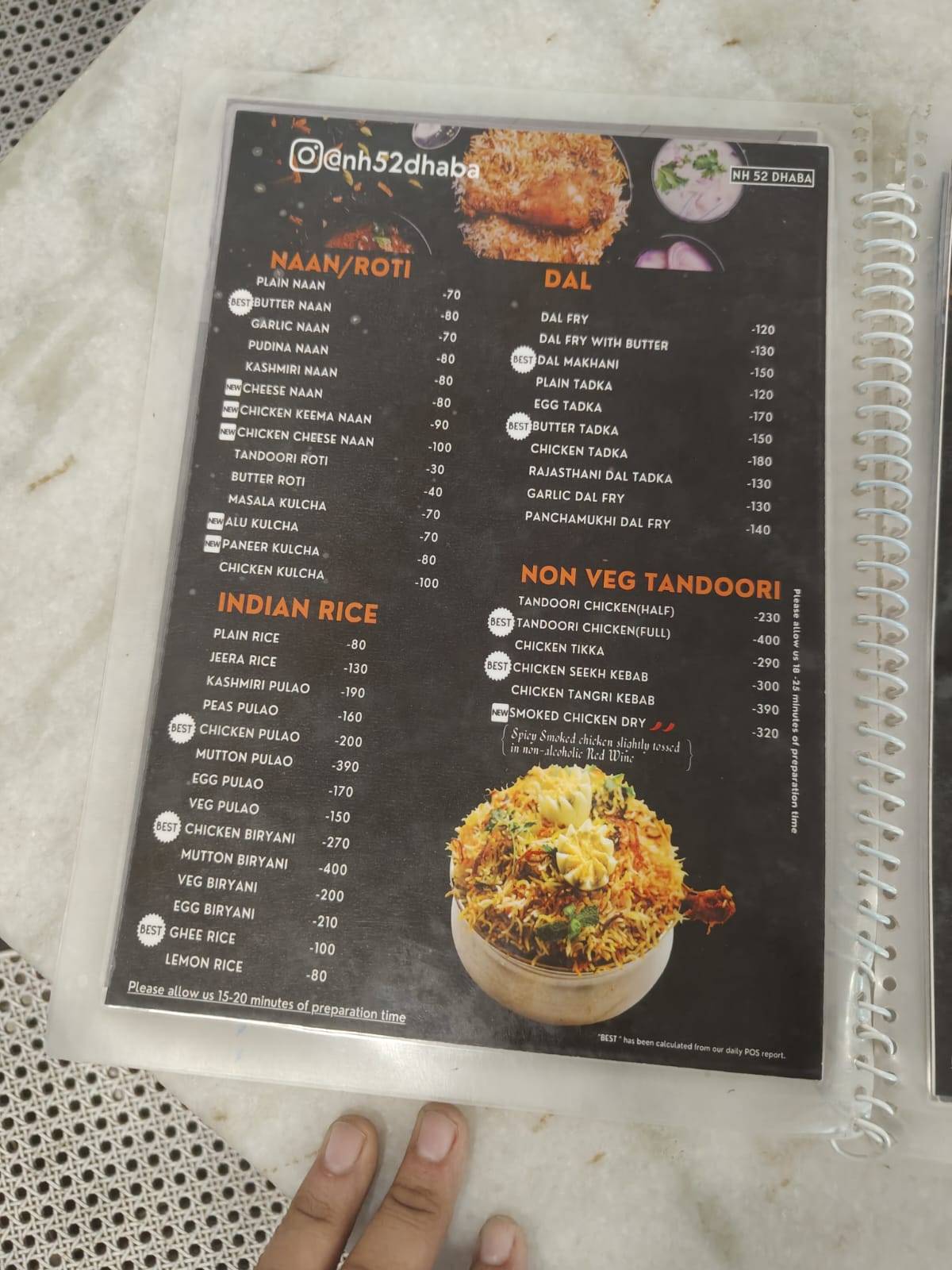 Menu at NRL & NH 52 Dhaba, India