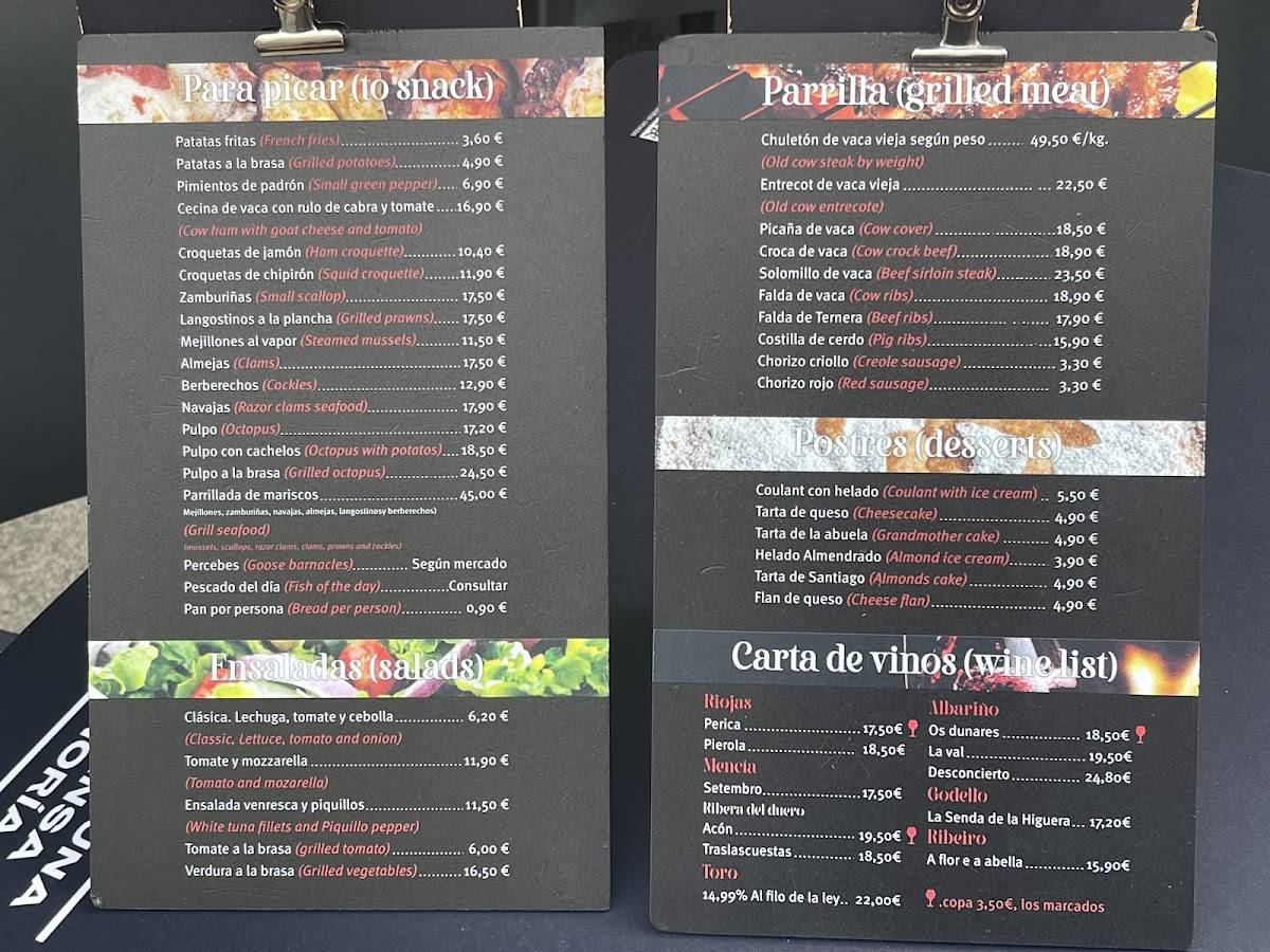 Carta del restaurante Na Brasa, La Coruña
