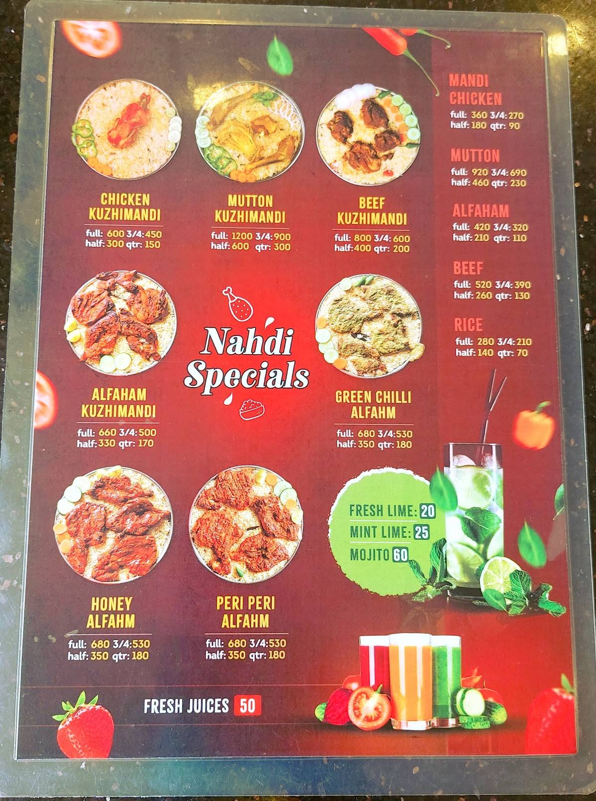 Menu at Nahdi Kuzhimandhi, Edappal