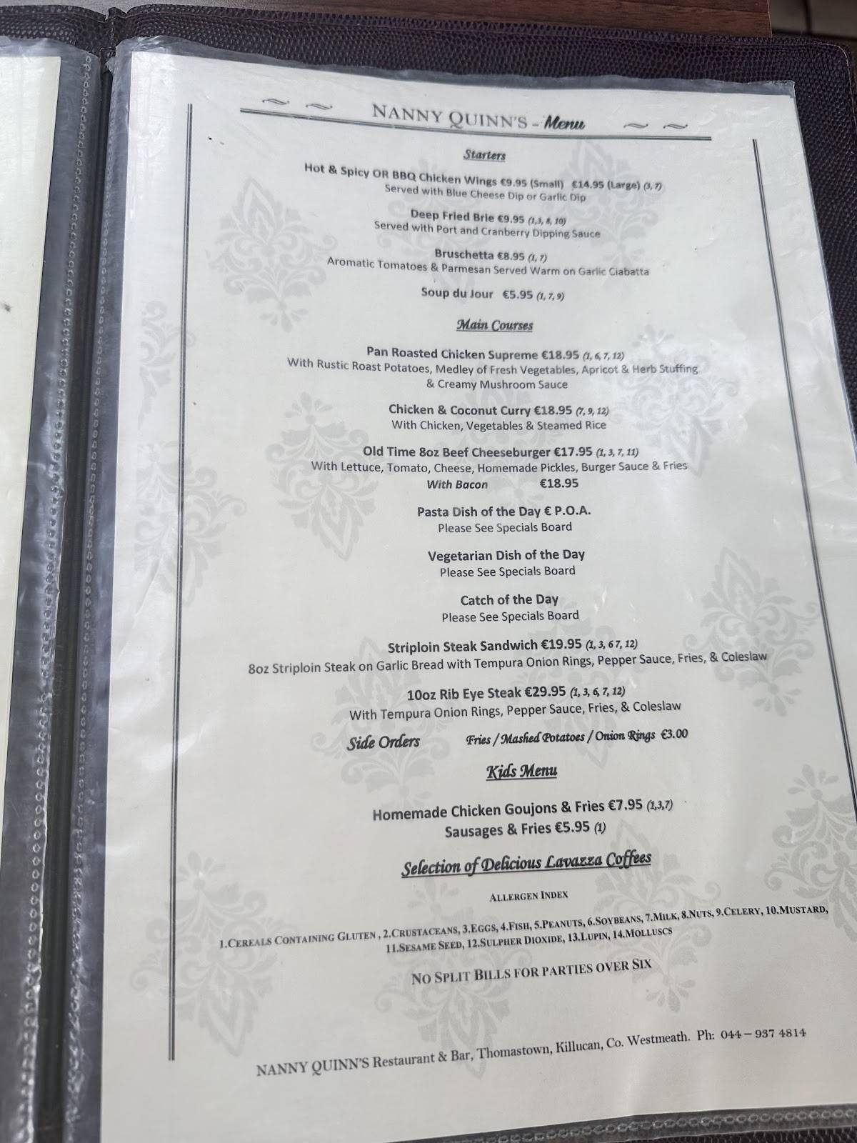 Menu at Nanny Quinn's restaurant, Killucan