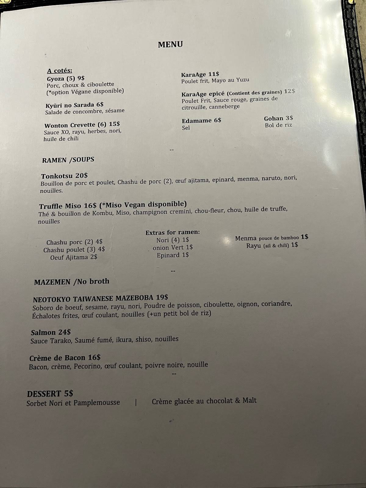Menu au Neotokyo restaurant, Montréal